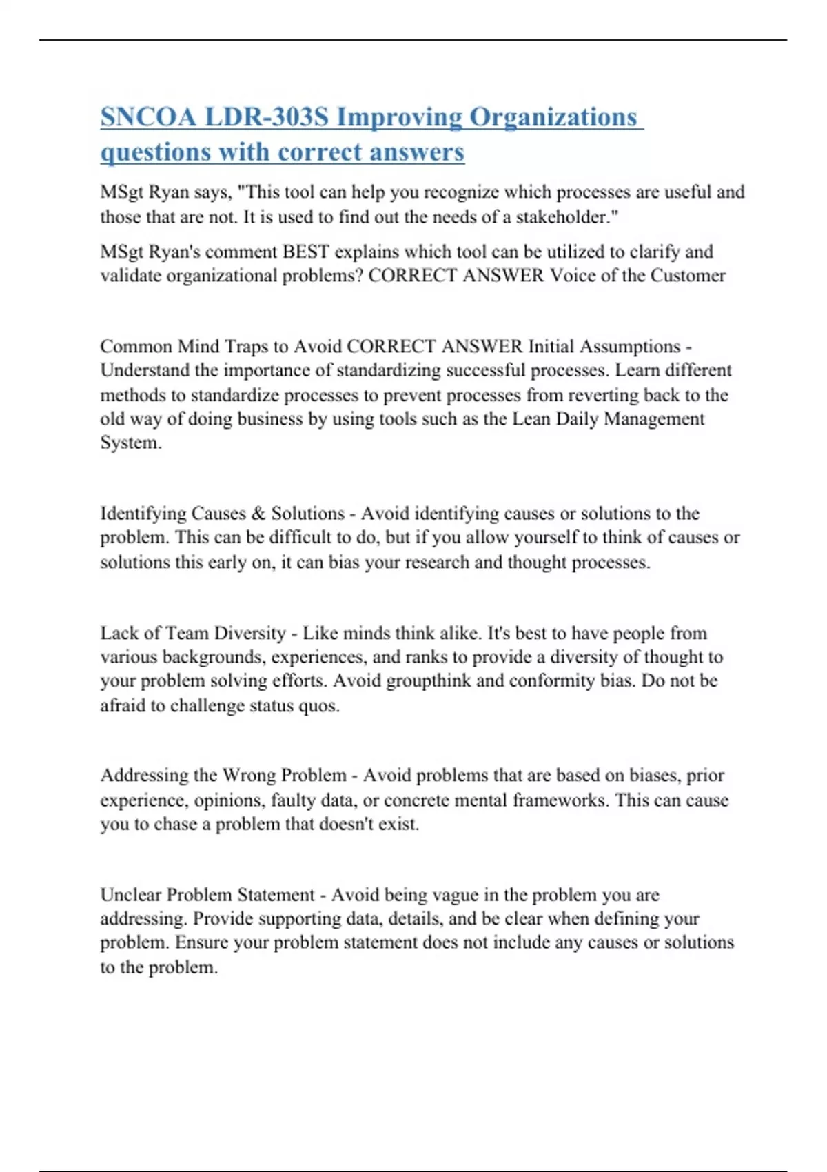 SNCOA LDR-303S Improving Organizations questions with correct answers ...