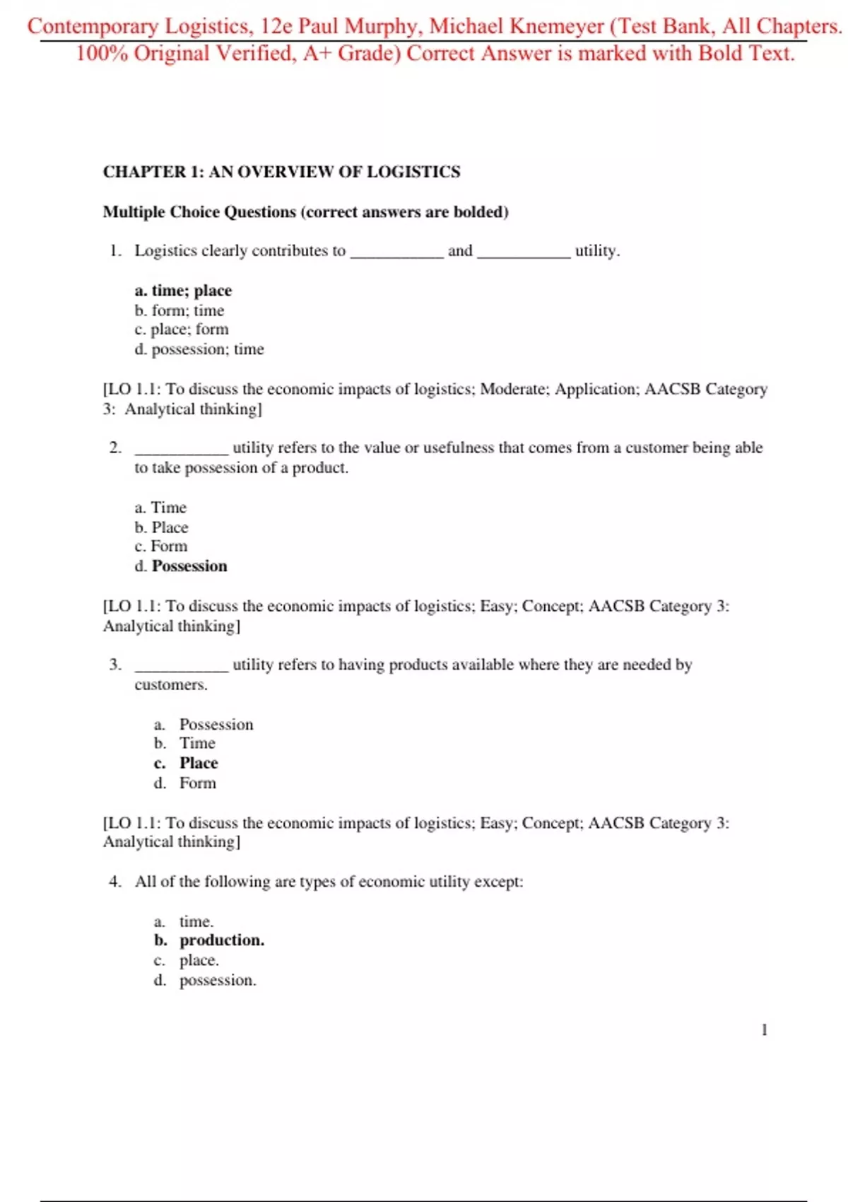 Test Bank For Contemporary Logistics 12th Edition By Paul Murphy ...