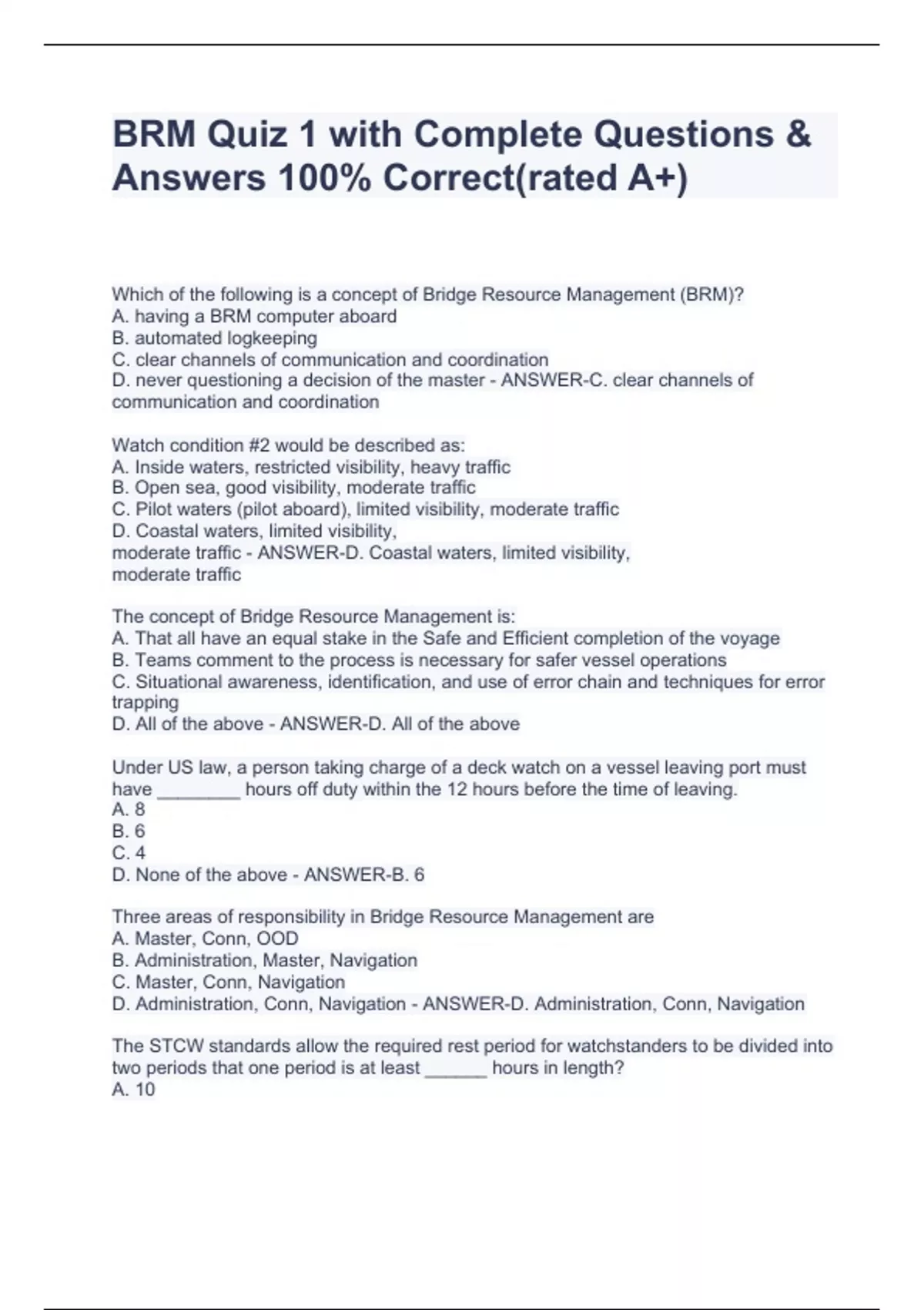 BRM Quiz 1 with Complete Questions & Answers 100% Correct(rated A+) - BRM - Stuvia US