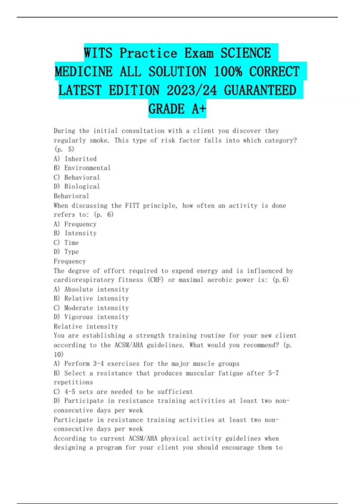 WITS Practice Exam SCIENCE MEDICINE ALL SOLUTION 100% CORRECT LATEST ...