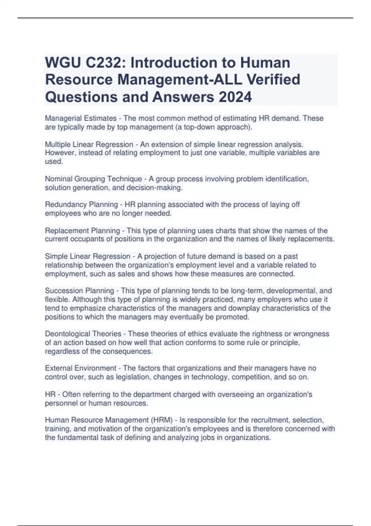 WGU C232: Introduction to Human Resource Management-ALL Verified Questions and Answers 2024 ...