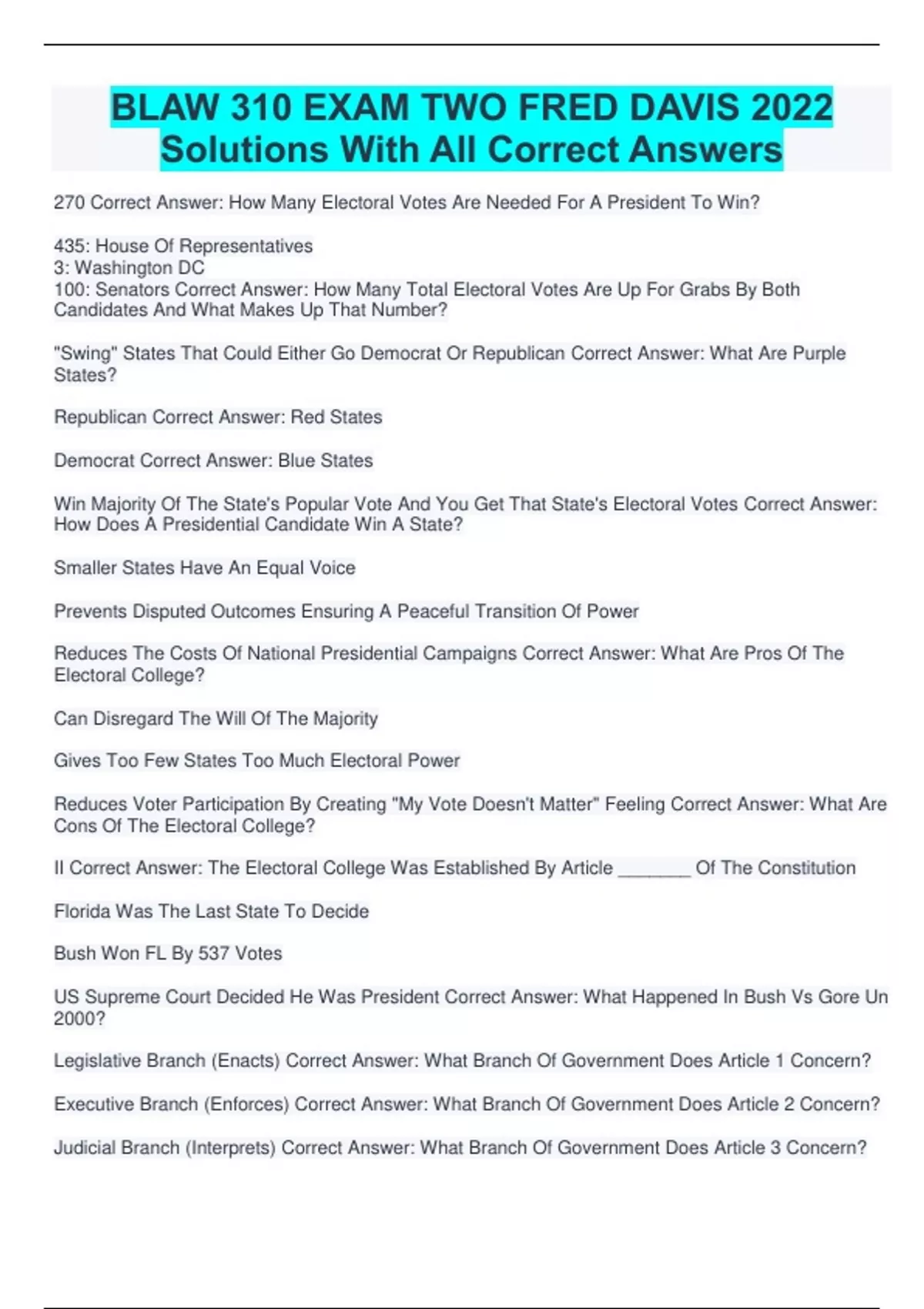 BLAW 310 EXAM TWO FRED DAVIS 2022 Solutions With All Correct Answers - BLAW 310 - Stuvia US