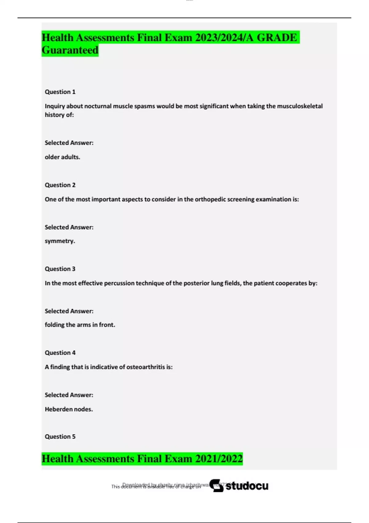 Health Assessments Final Exam 2023/2024/A GRADE Guaranteed - Health ...
