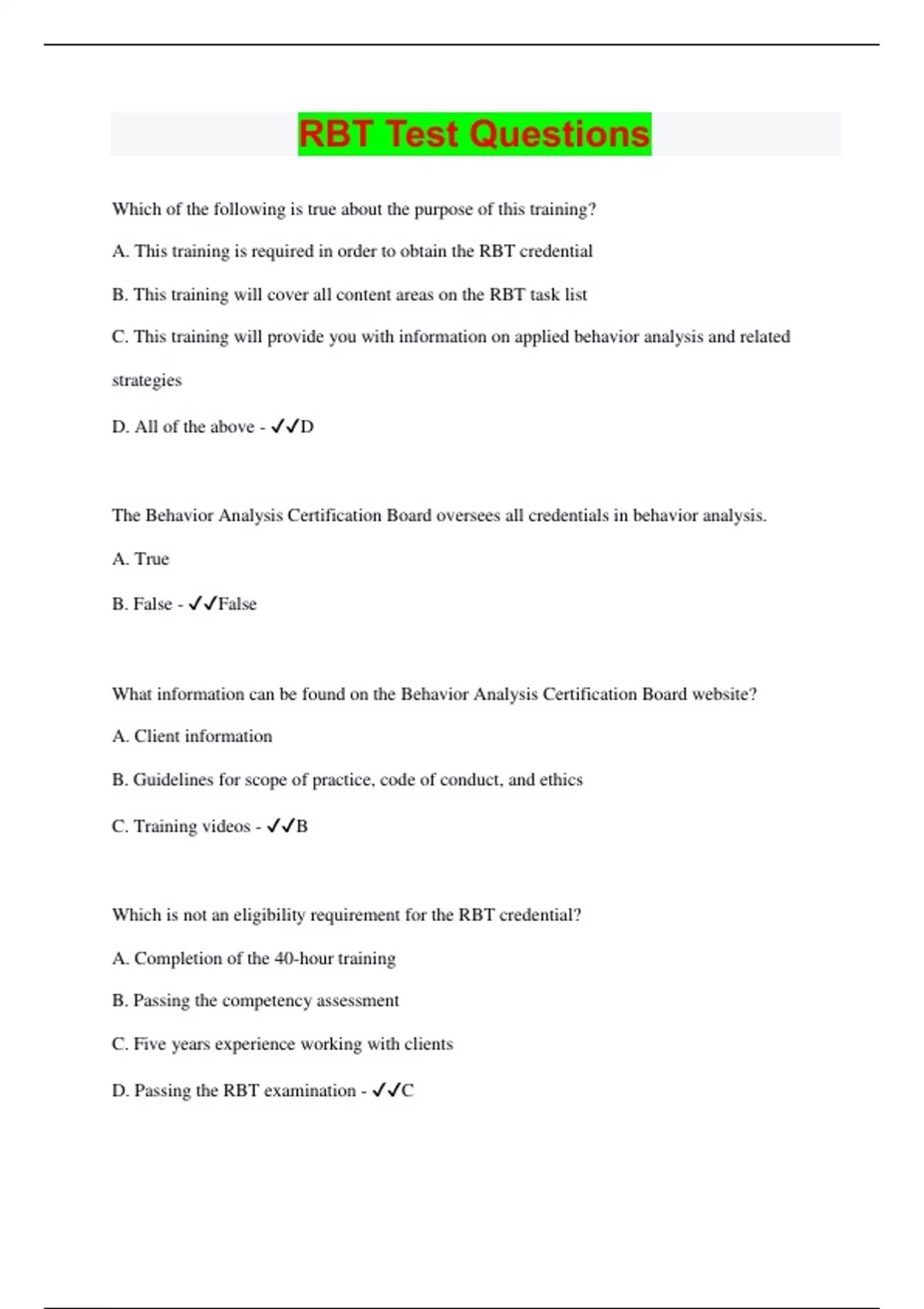 RBT Test Questions with 100% Correct Answers | Latest Update 2024 ...