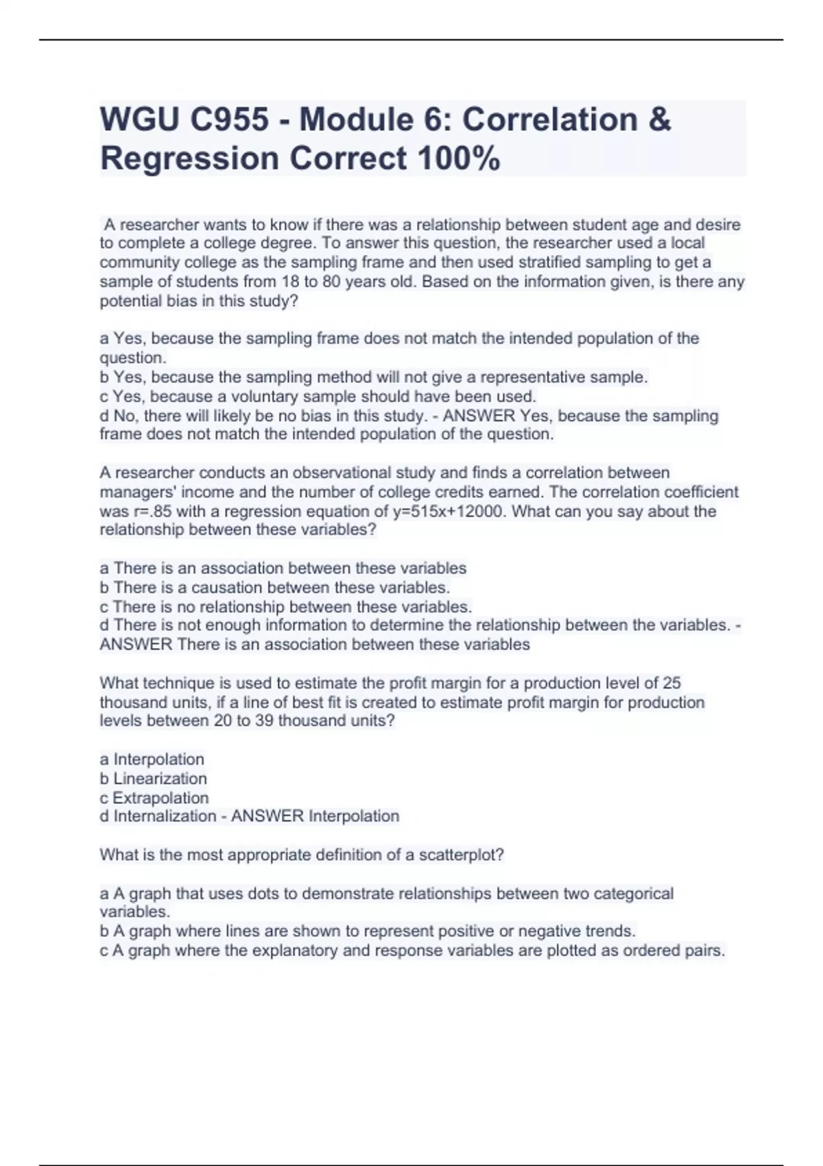 WGU C955 - Module 6: Correlation & Regression Correct 100% - WGU C955 - Stuvia US