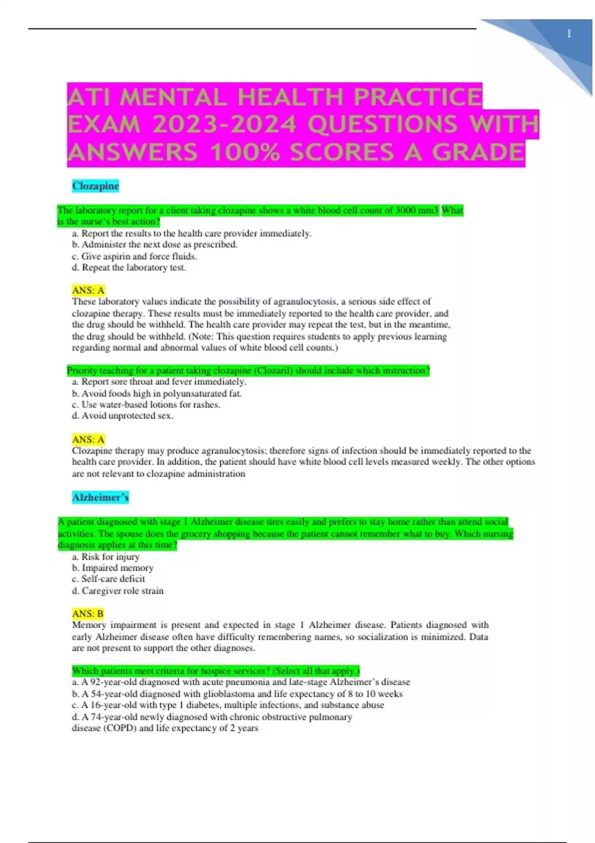Ati Mental Health Practice Exam Questions With Answers 100 Scores A