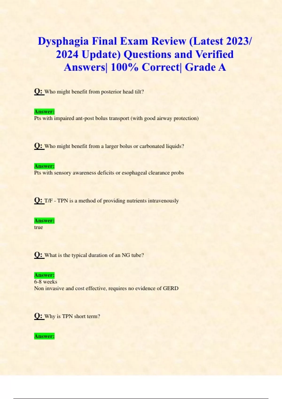 Dysphagia Final Exam Review (Latest 2023/ 2024 Update) Questions and ...