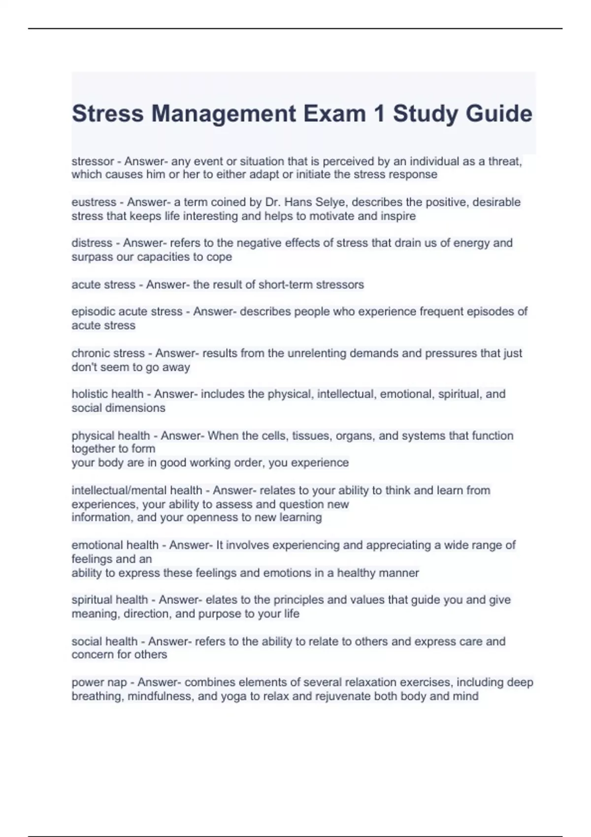 Stress Management Exam 1 Study Guide latest updated - Stress Management ...
