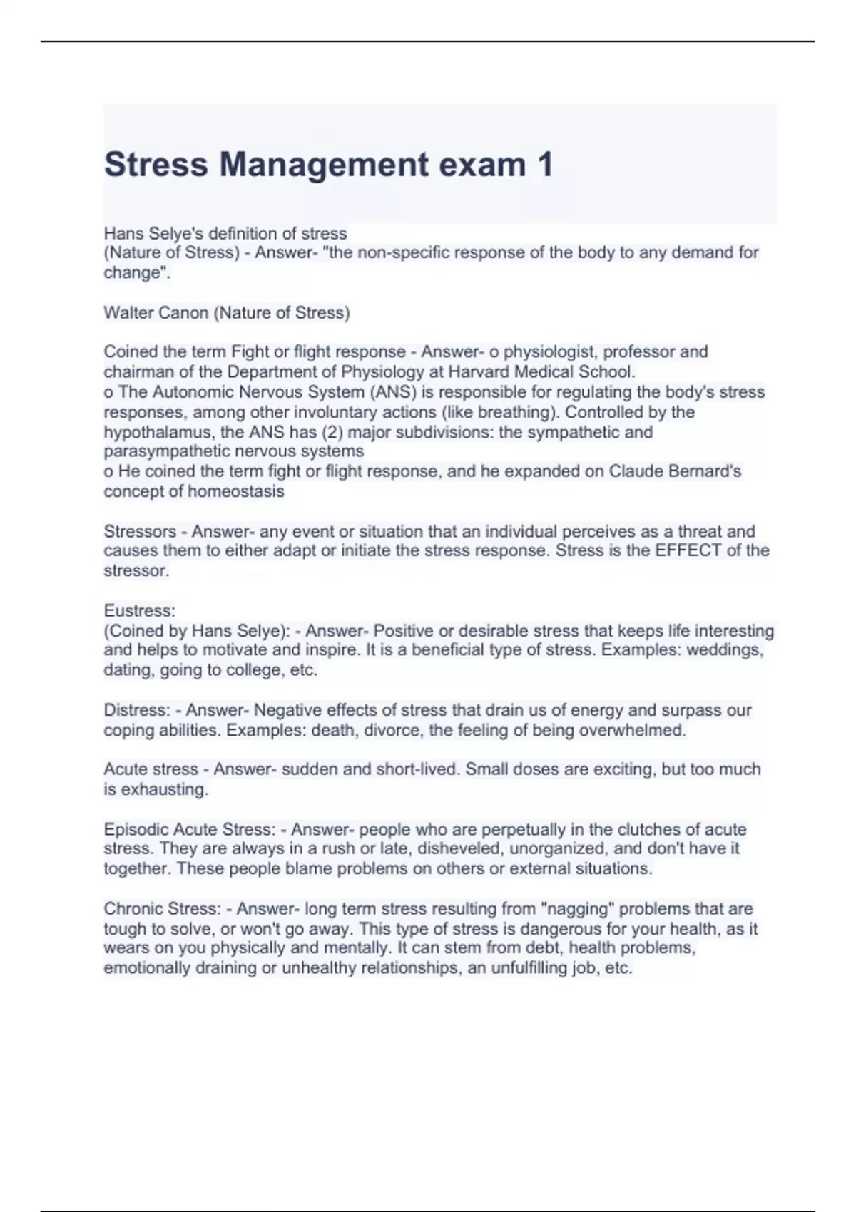 Stress Management exam 1 with correct answers - Stress Management ...