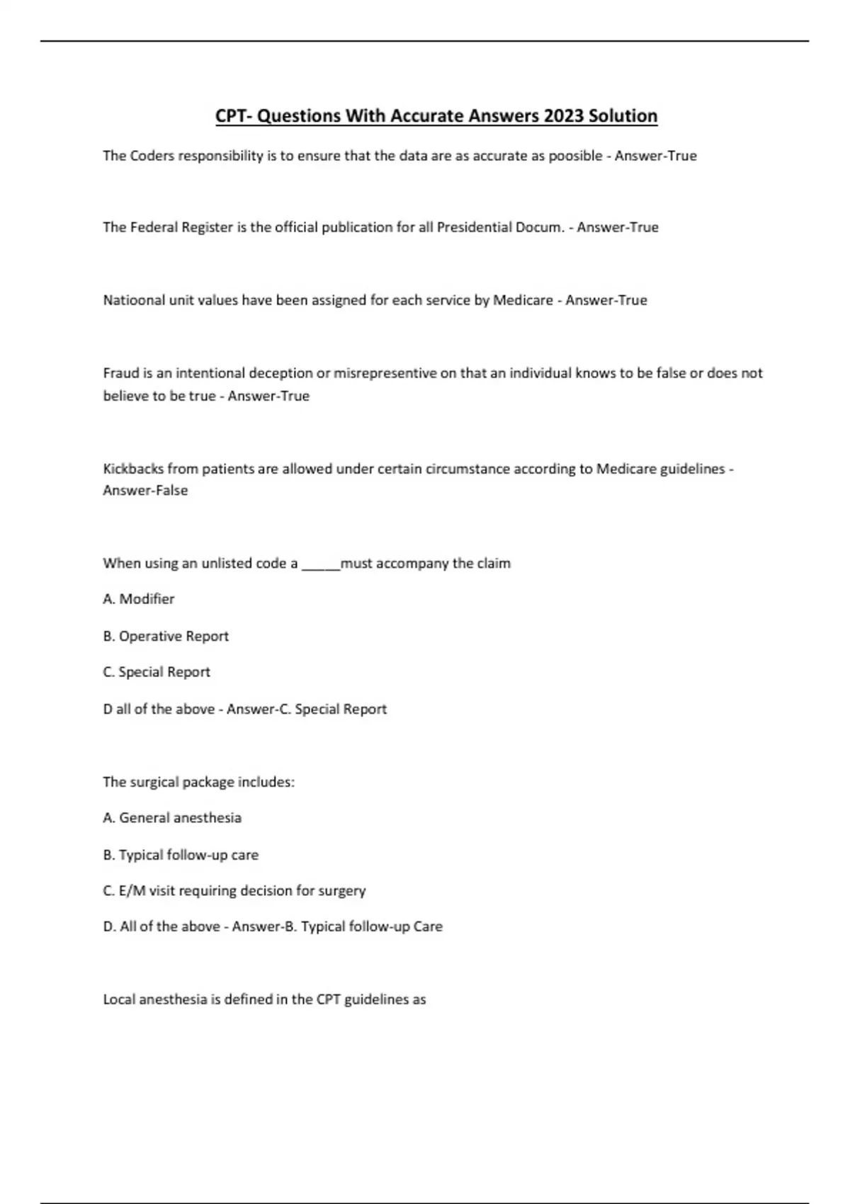 CPT- Questions With Accurate Answers 2023 Solution - CPT - Stuvia US