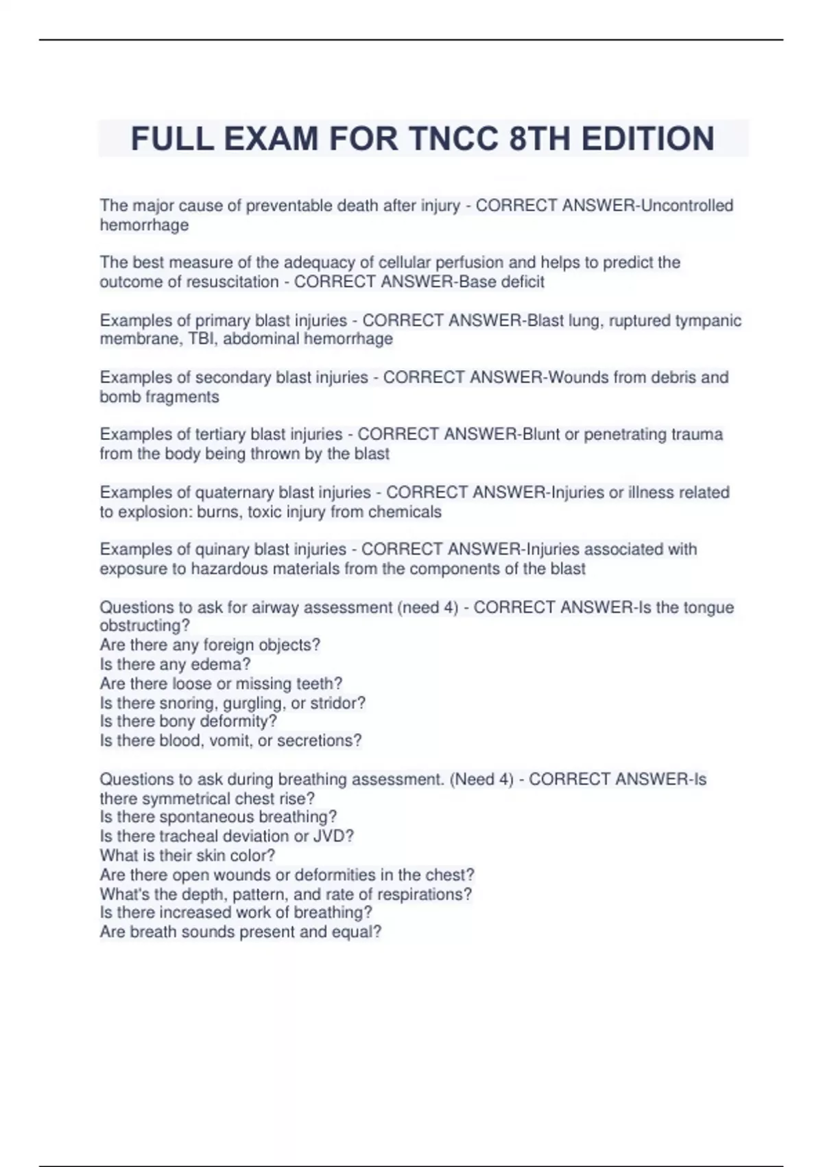 FULL EXAM FOR TNCC 8TH EDITION - TNCC - Stuvia US