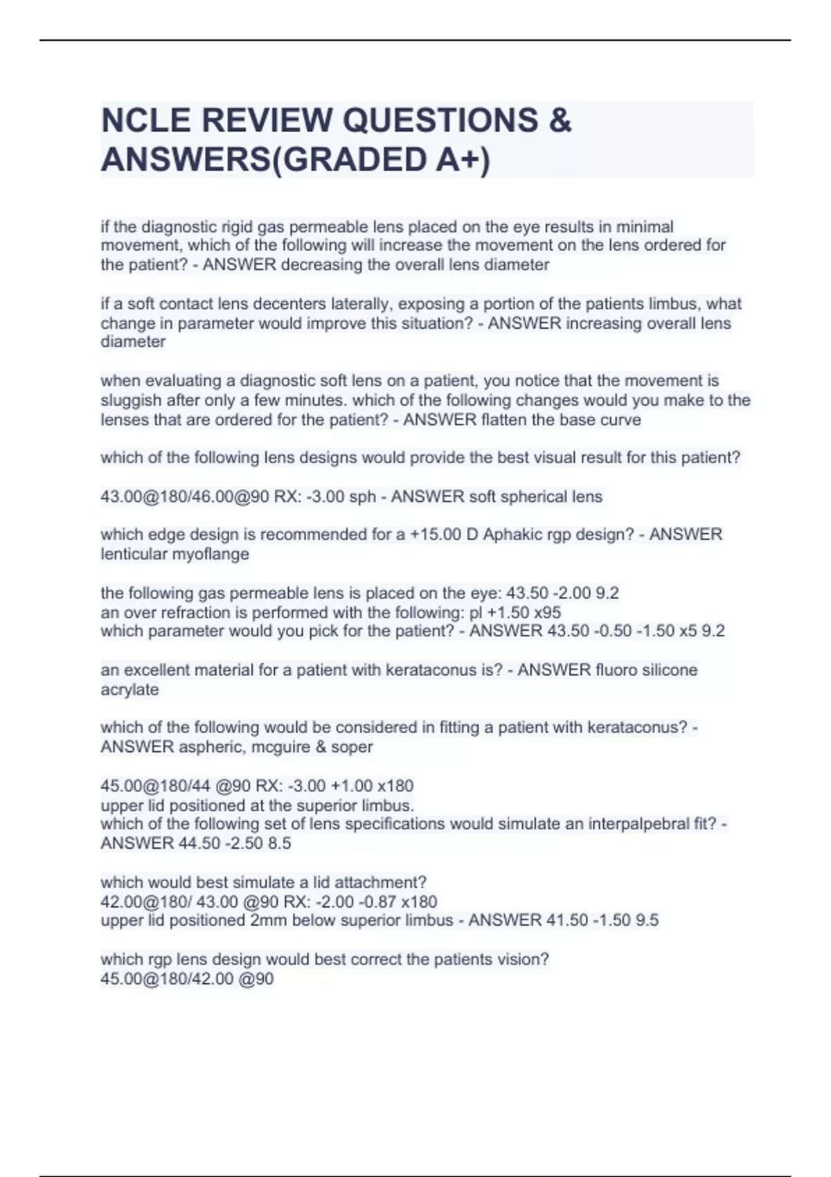 NCLE REVIEW QUESTIONS & ANSWERS(GRADED A+) - NCLE - Stuvia US