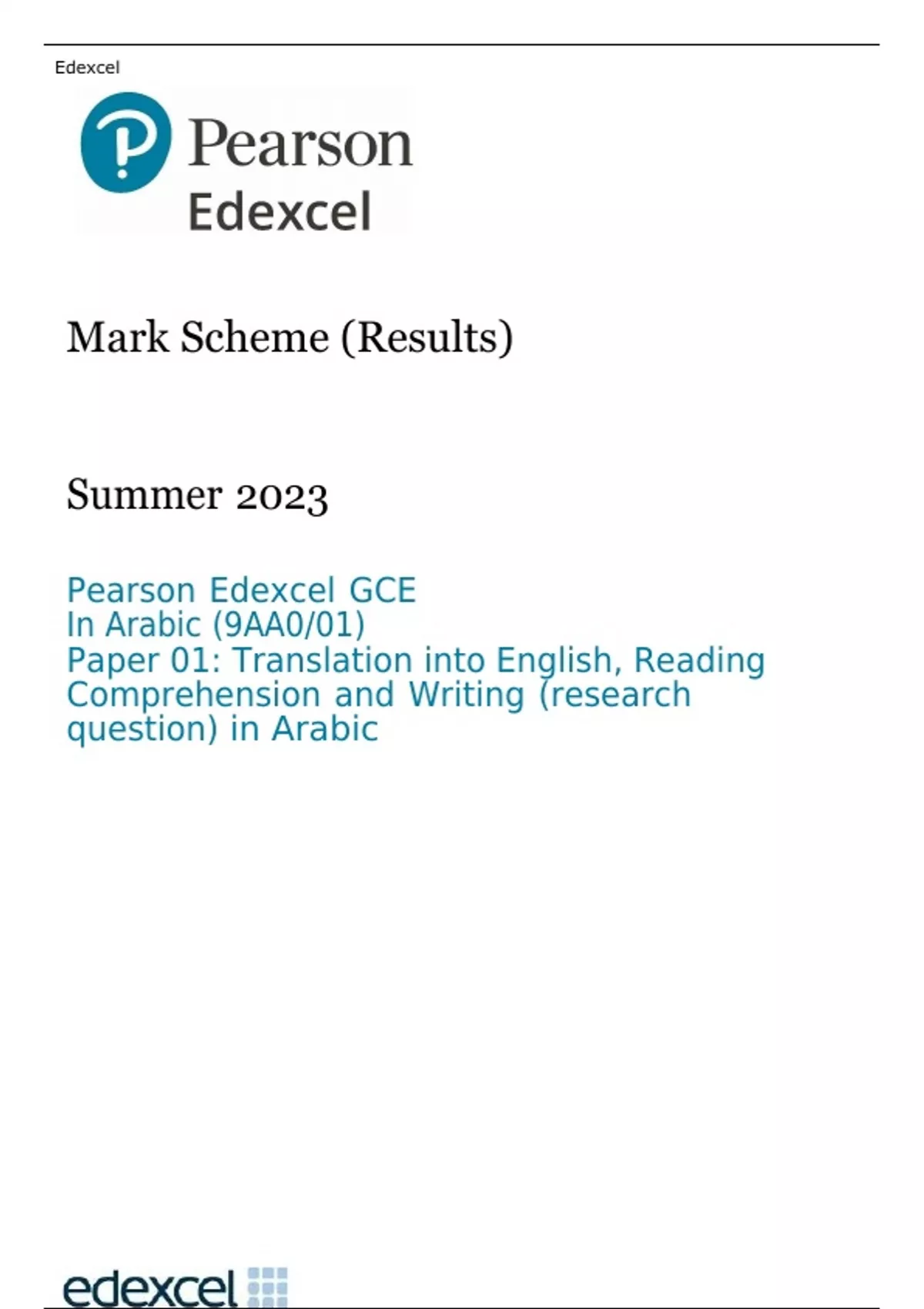 Pearson Edexcel GCE In Arabic (9AA0/01) Paper 01 MARK SCHEME (Results ...