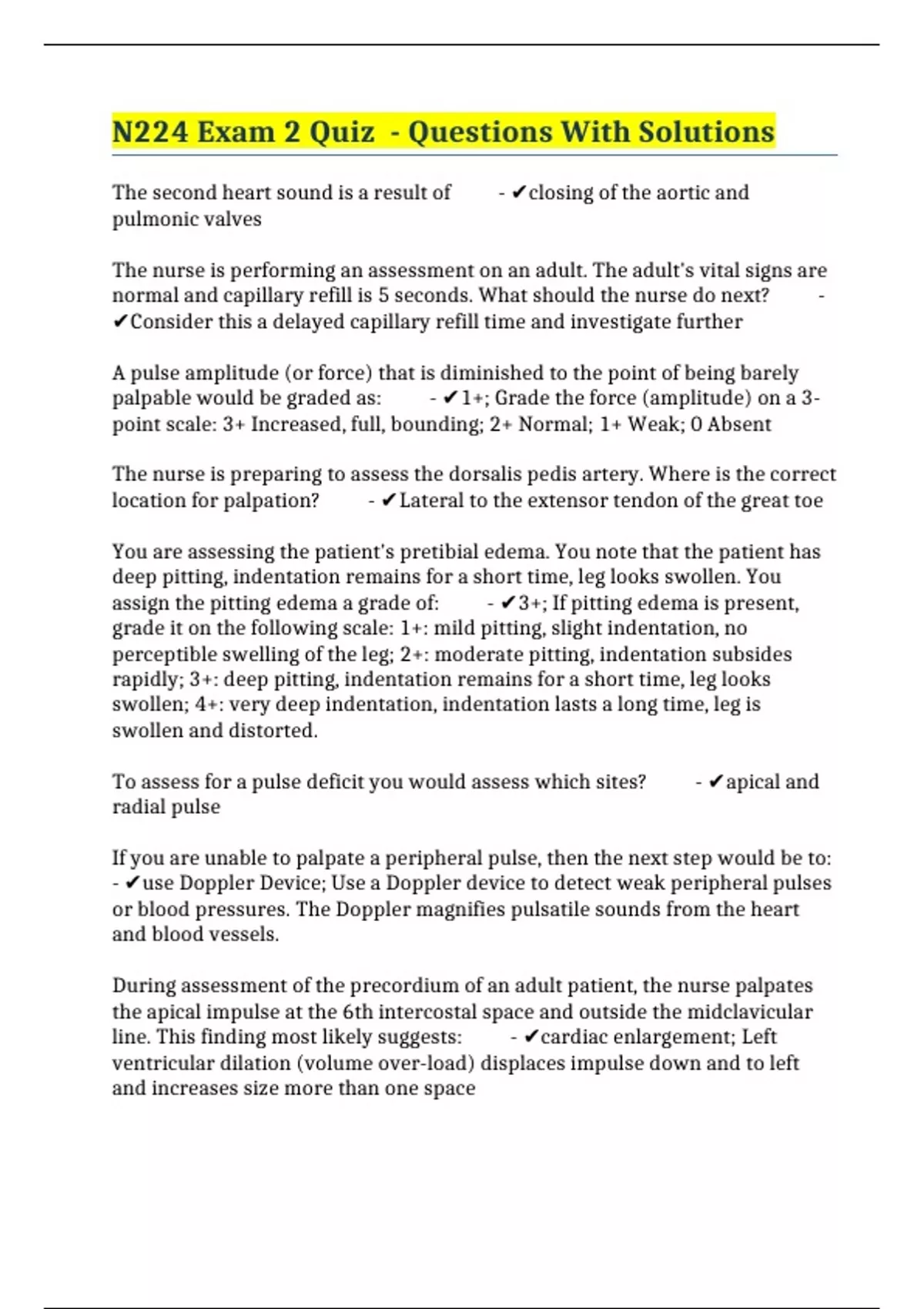 N224 Exam 2 Quiz - Questions With Solutions - N224 - Stuvia US