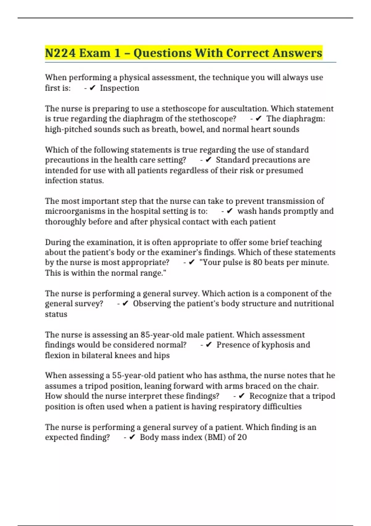 N224 Exam 1 – Questions With Correct Answers - N224 - Stuvia US