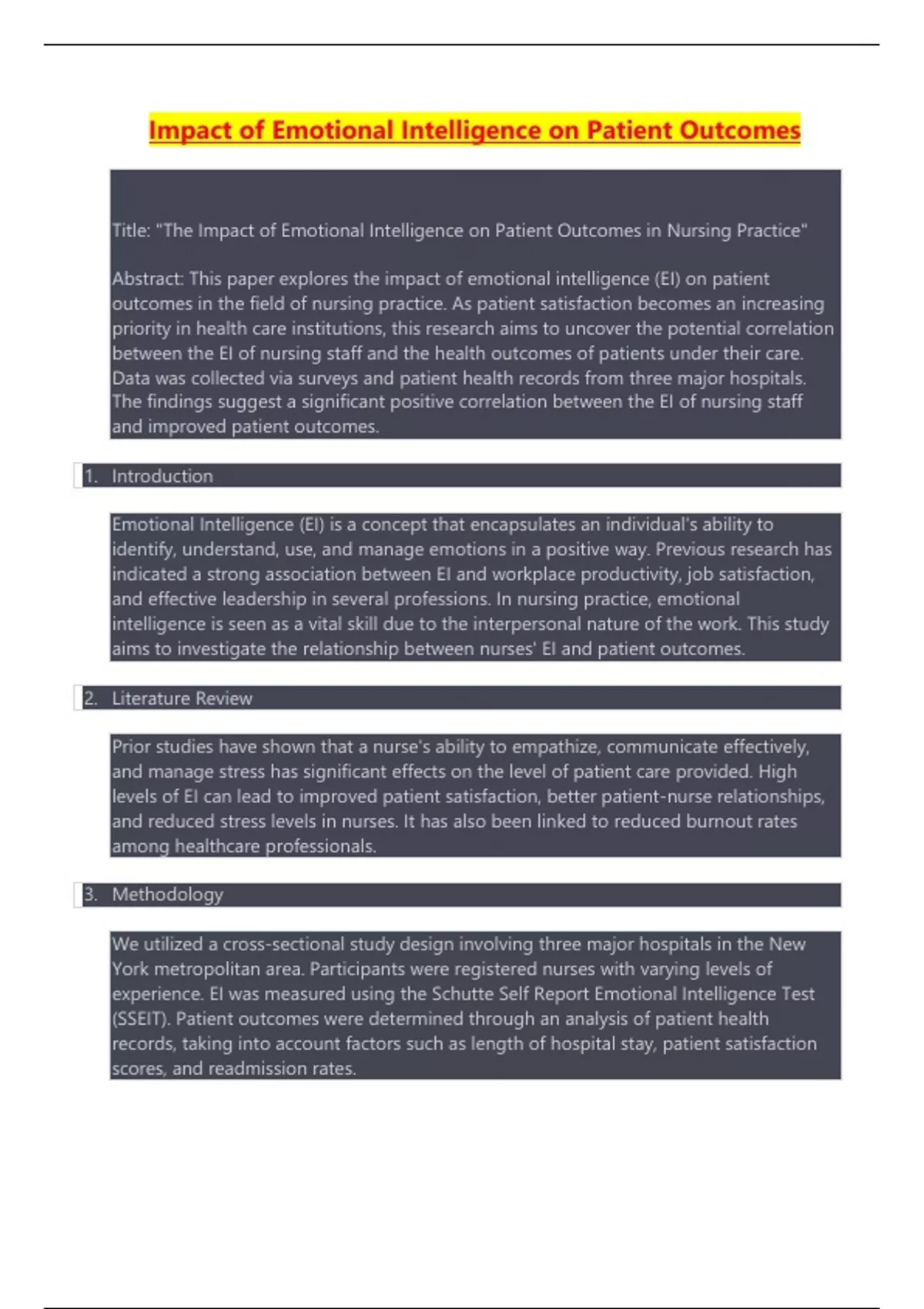 Impact of Emotional Intelligence on Patient Outcomes - NURSING - Stuvia US