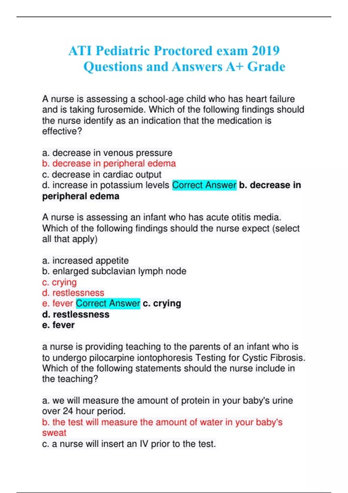ATI Pediatric Proctored exam 2019 Questions and Answers A+ Grade - ATI ...