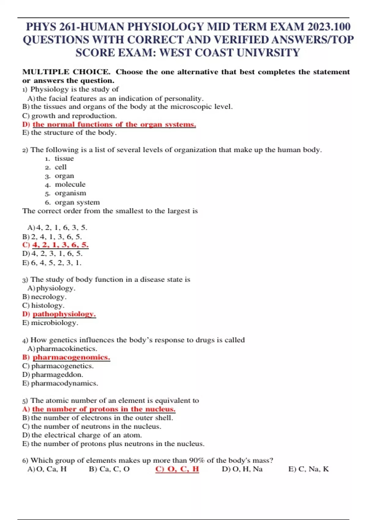 PHYS 261-HUMAN PHYSIOLOGY MID TERM EXAM 2023.100 QUESTIONS WITH CORRECT AND VERIFIED ANSWERS/TOP ...