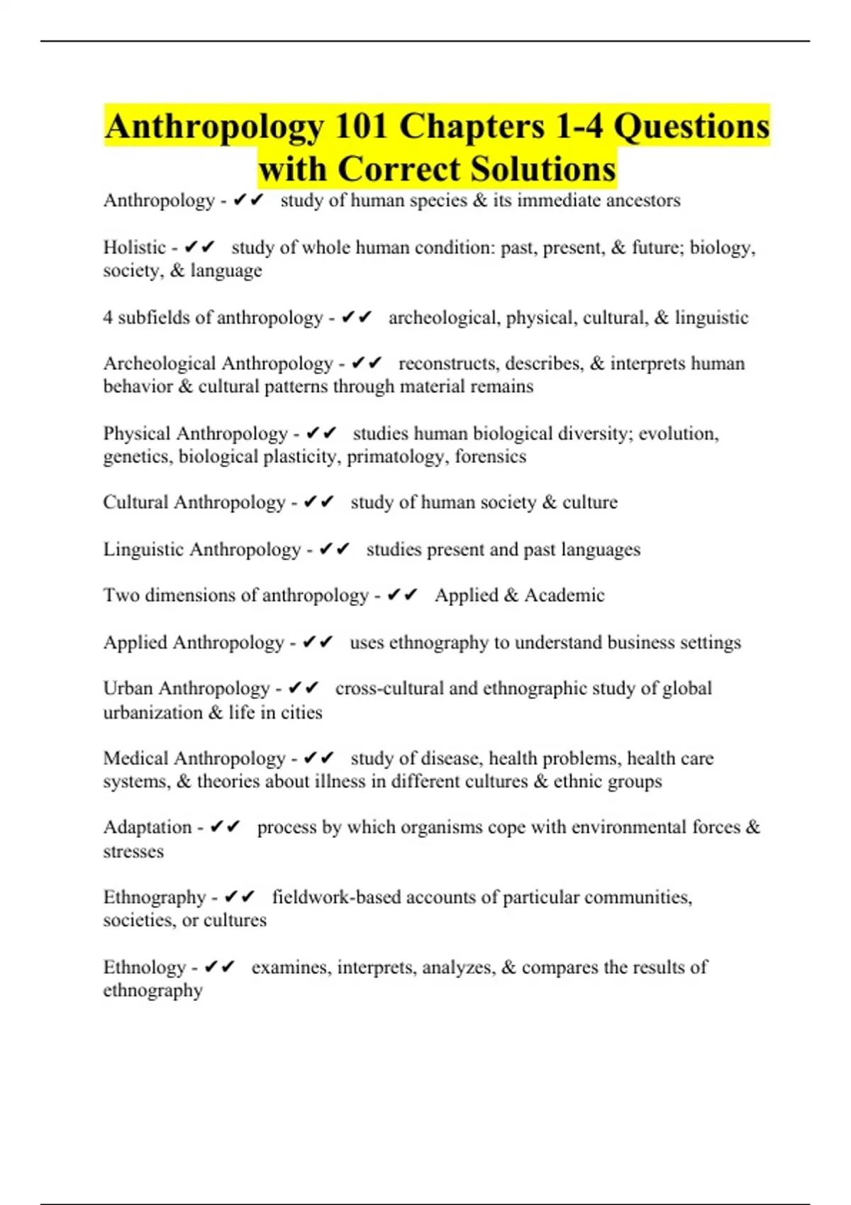 Anthropology 101 Chapters 1-4 Questions with Correct Solutions - Anthropology 101 - Stuvia US