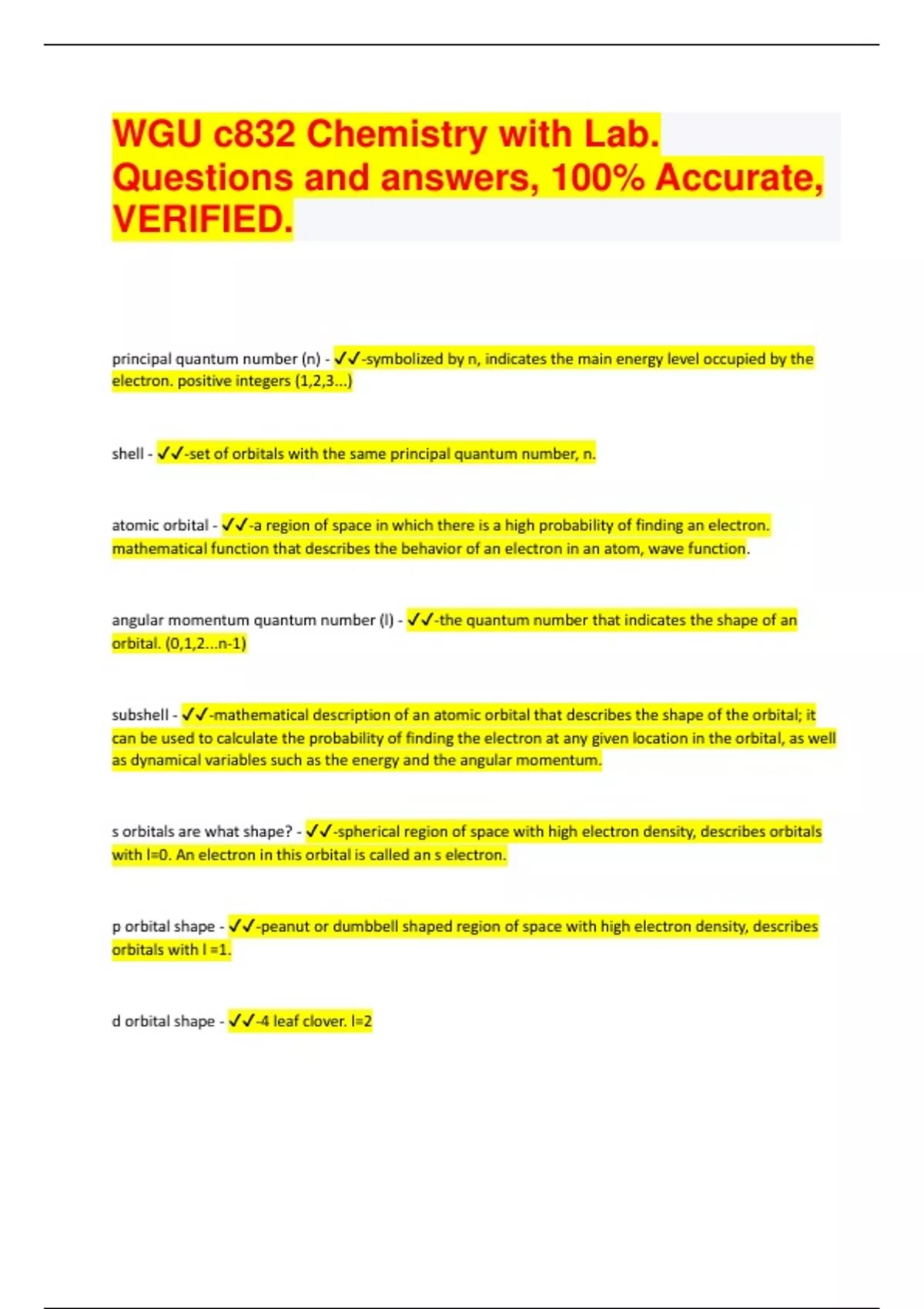 WGU c832 Chemistry with Lab. Questions and answers, 100% Accurate, VERIFIED - WGU - Stuvia US