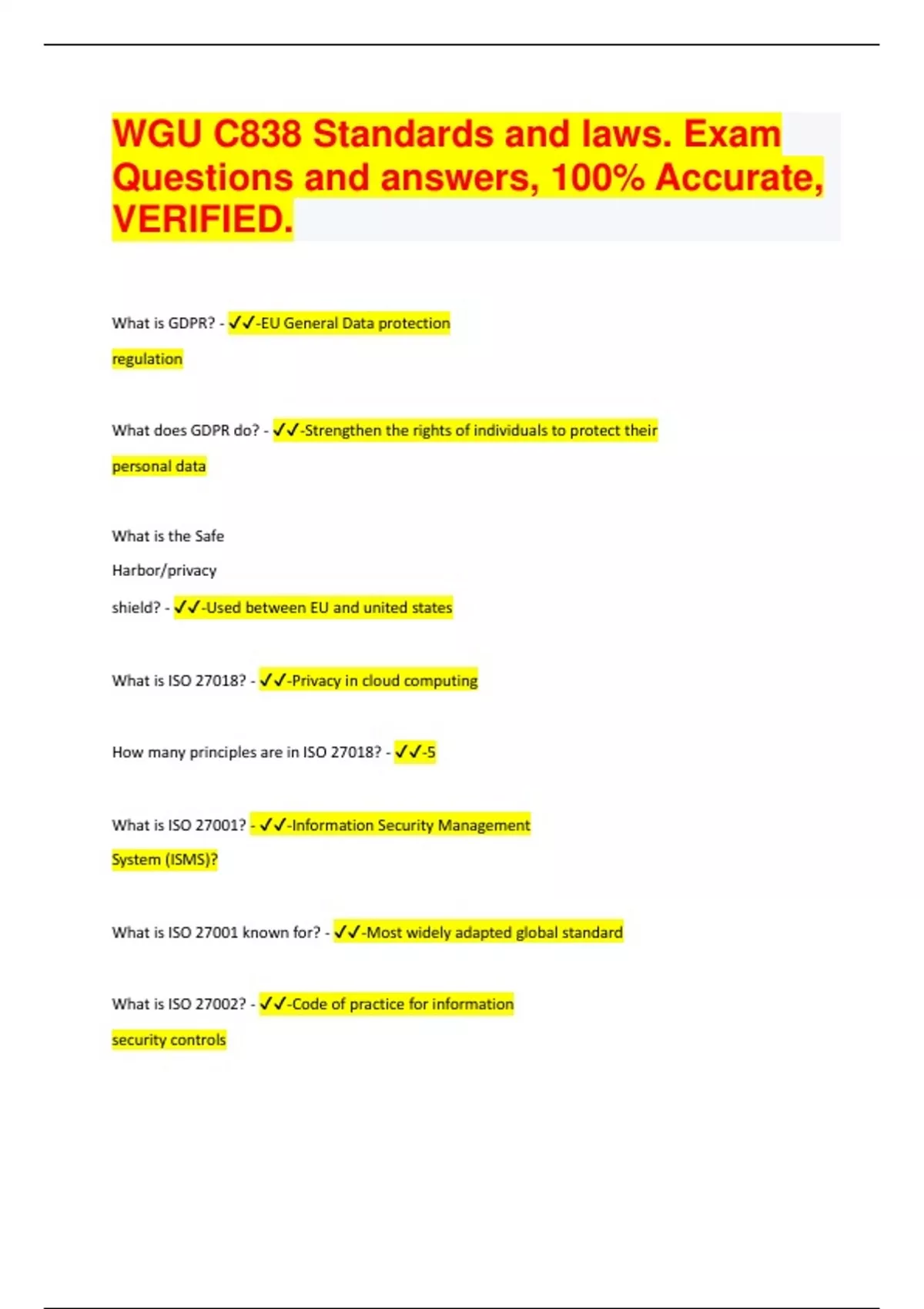 WGU C838 Standards and laws. Exam Questions and answers, 100% Accurate, VERIFIED - WGU - Stuvia US