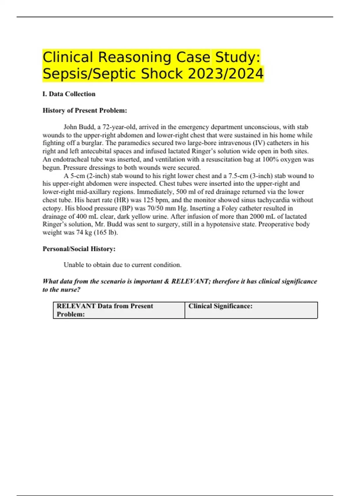 Summary Clinical Reasoning Case Study: Sepsis/Septic Shock 2023/2024 ...