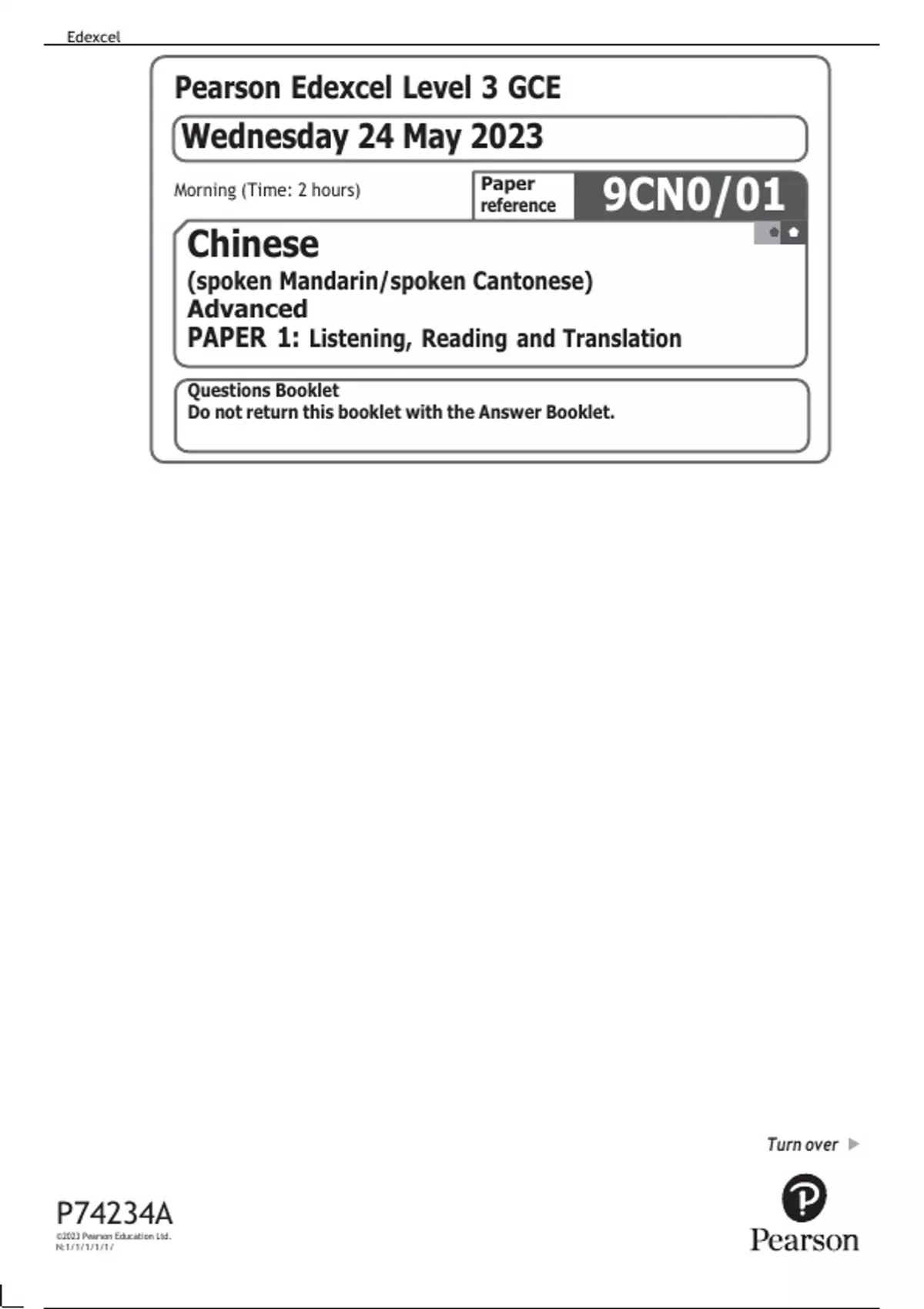 Pearson Edexcel Level 3 GCE Chinese (spoken Mandarin/spoken Cantonese ...