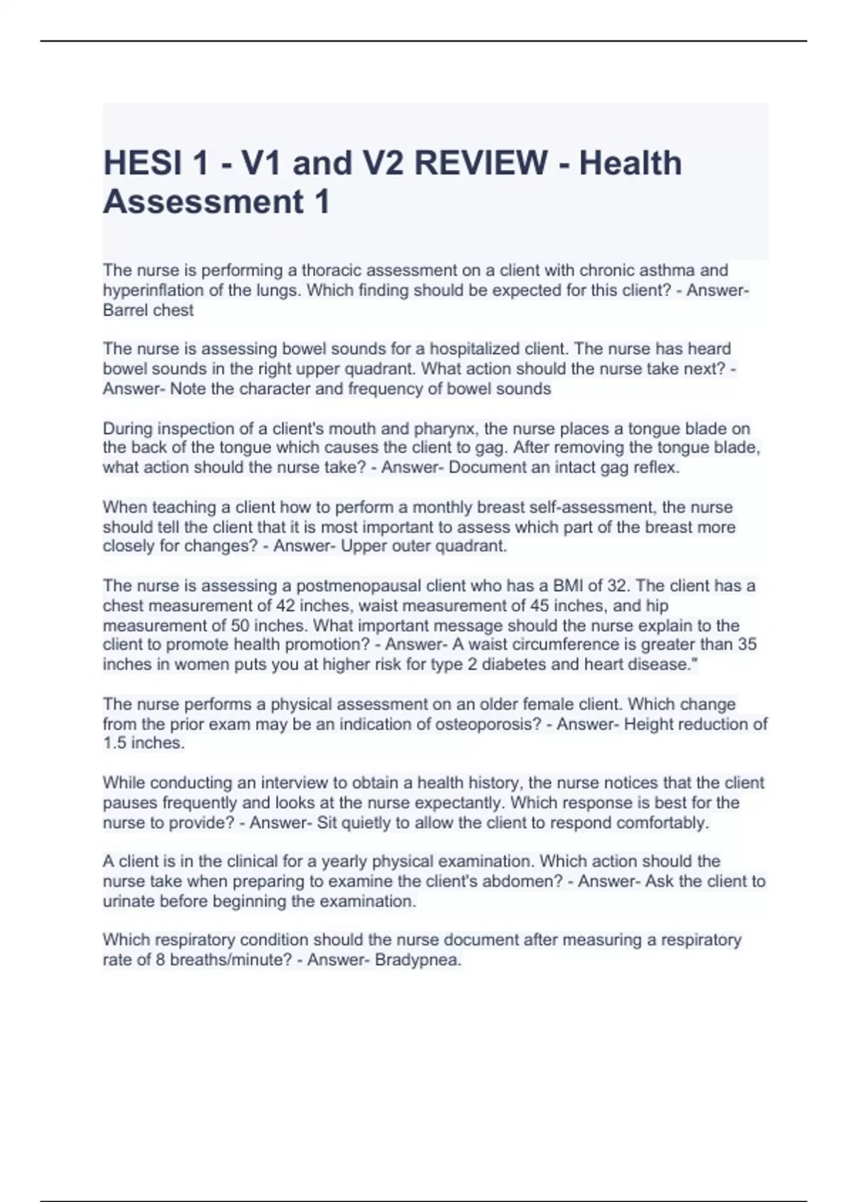 HESI 1 - V1 and V2 REVIEW - Health Assessment Exam Questions and ...