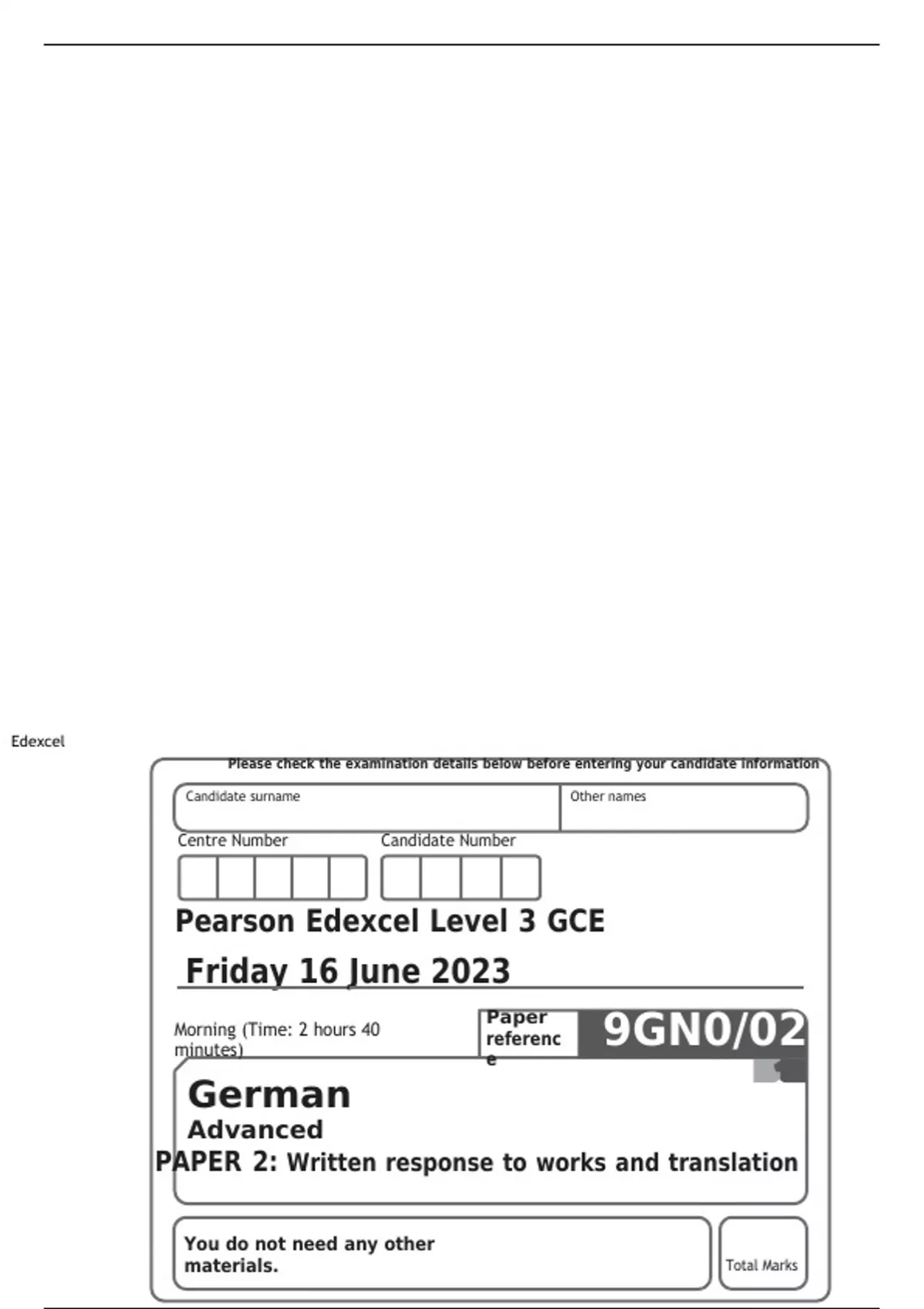 Pearson Edexcel Level 3 GCE German Advanced PAPER 2 JUNE 2023 QUESTION ...