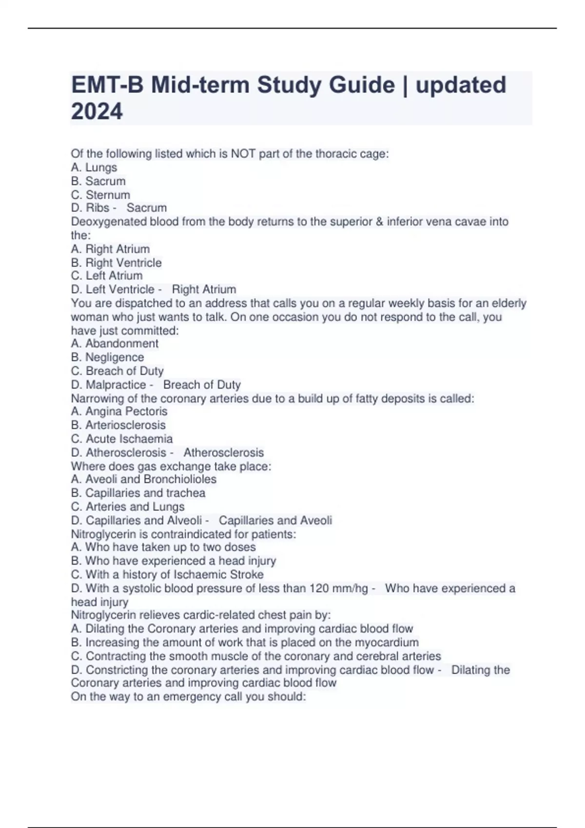 EMT-B Mid-term Study Guide | updated 2024 - EMT-B Mid-term - Stuvia US