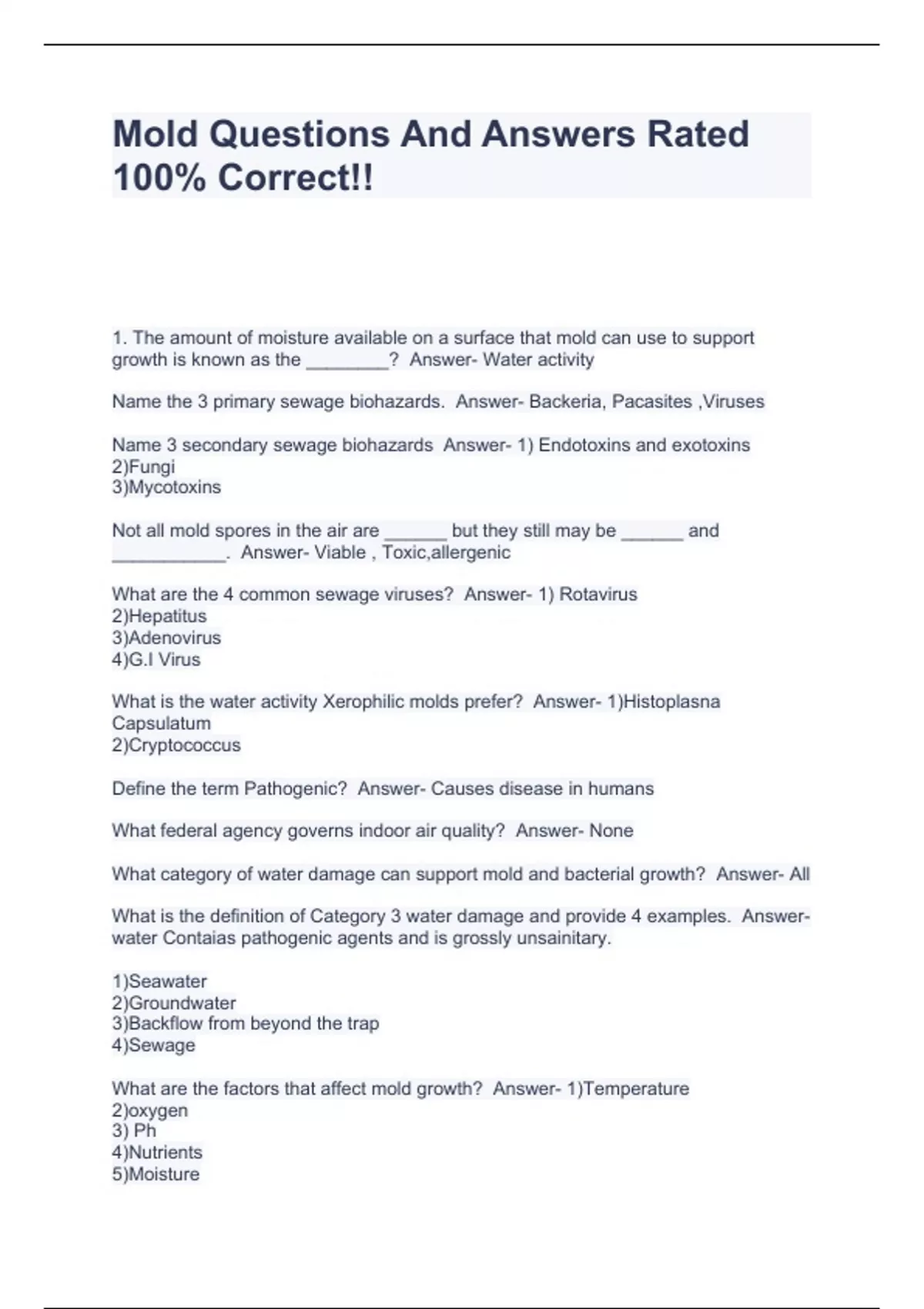 MOLD QUESTIONS AND ANSWERS RATED 100% CORRECT!! - Mold - Stuvia US