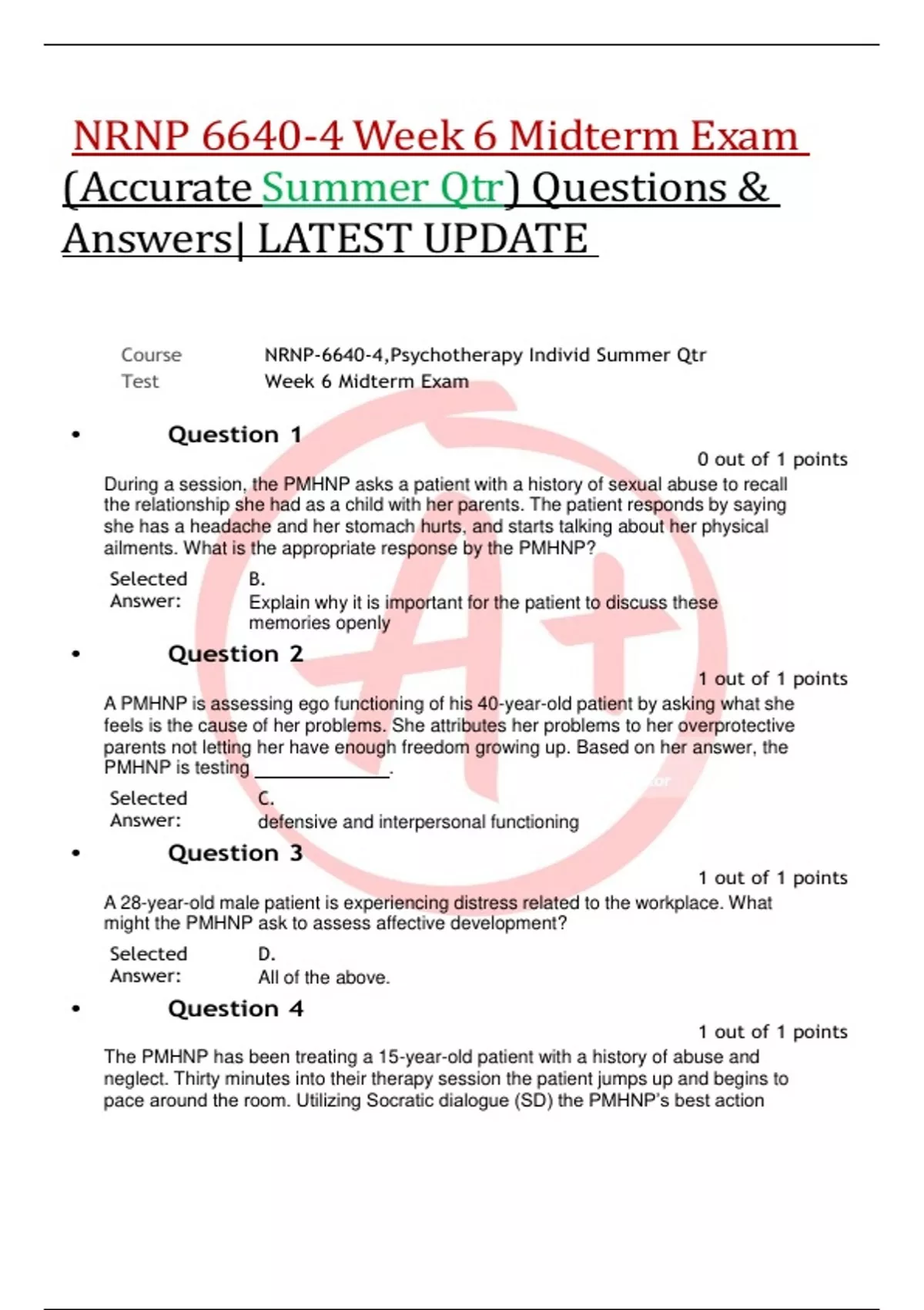 NRNP 6640-4 Week 6 Midterm Exam (Accurate Summer Qtr) Questions ...