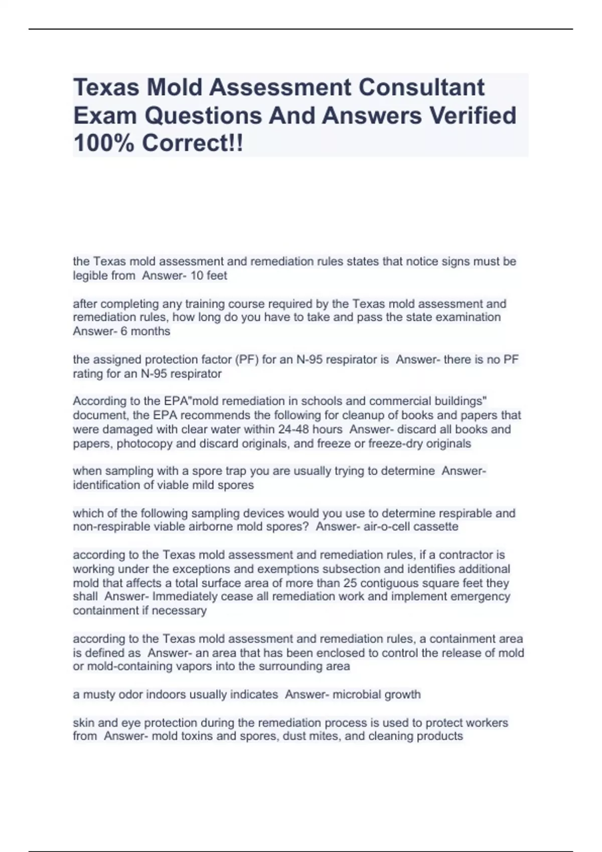 TEXAS MOLD ASSESSMENT CONSULTANT EXAM QUESTIONS AND ANSWERS VERIFIED ...
