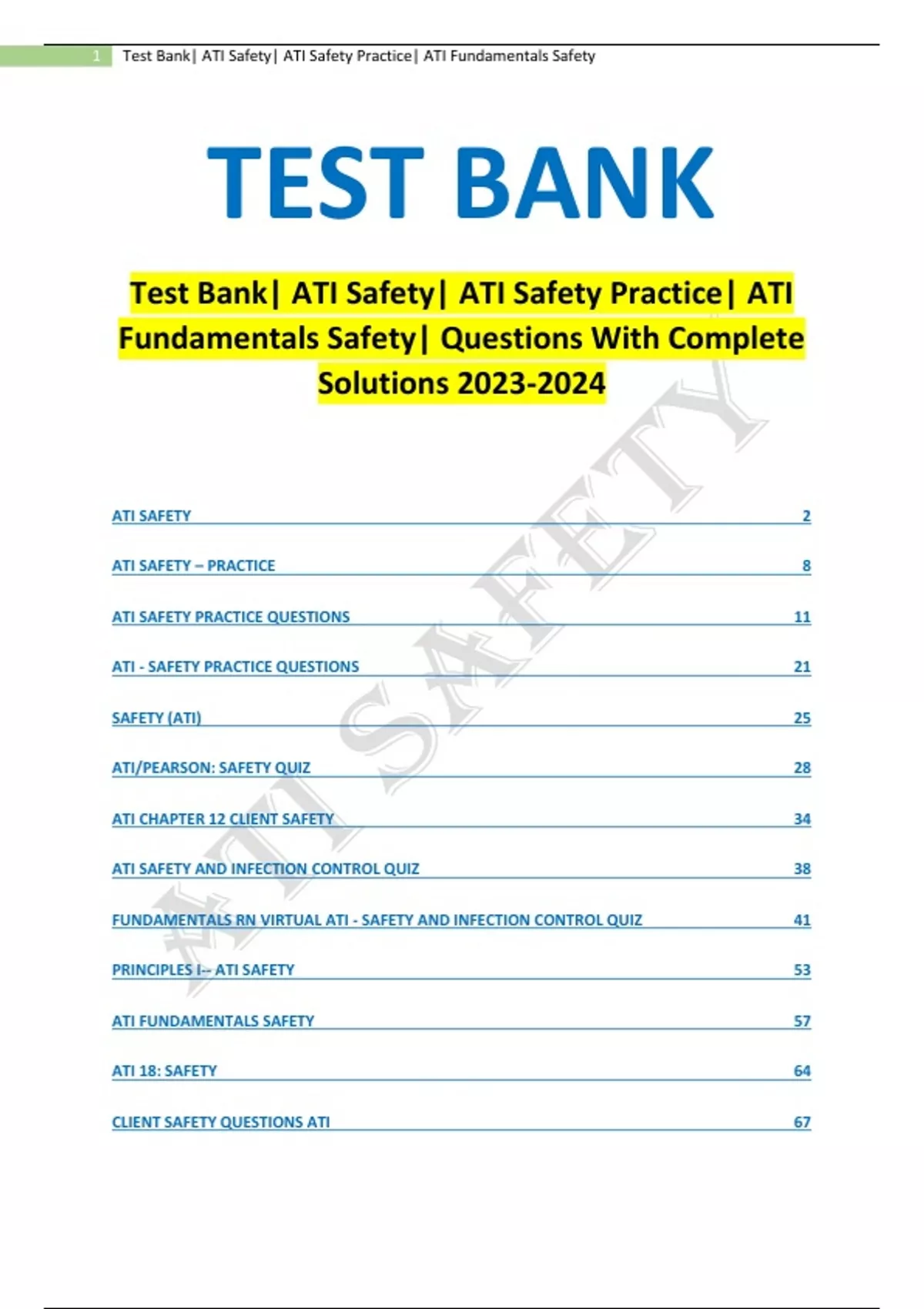 Test Bank| ATI Safety| ATI Safety Practice| ATI Fundamentals Safety ...
