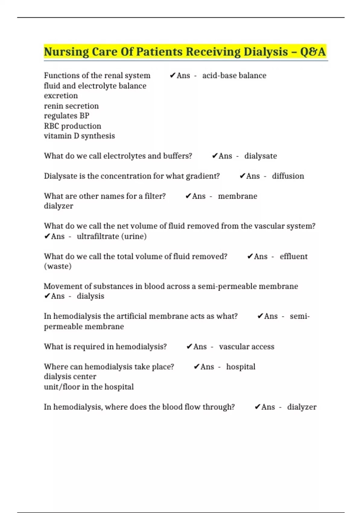 Nursing Care of Patients Receiving Dialysis – Questions With Verified ...