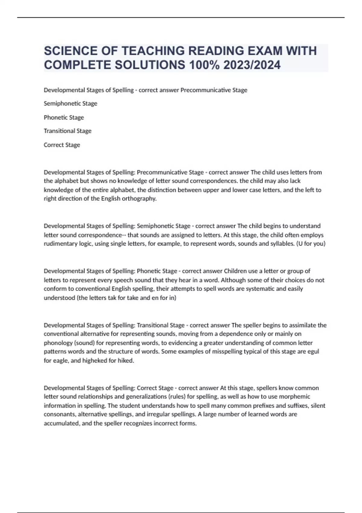 SCIENCE OF TEACHING READING EXAM WITH COMPLETE SOLUTIONS 100% 2023/2024 ...