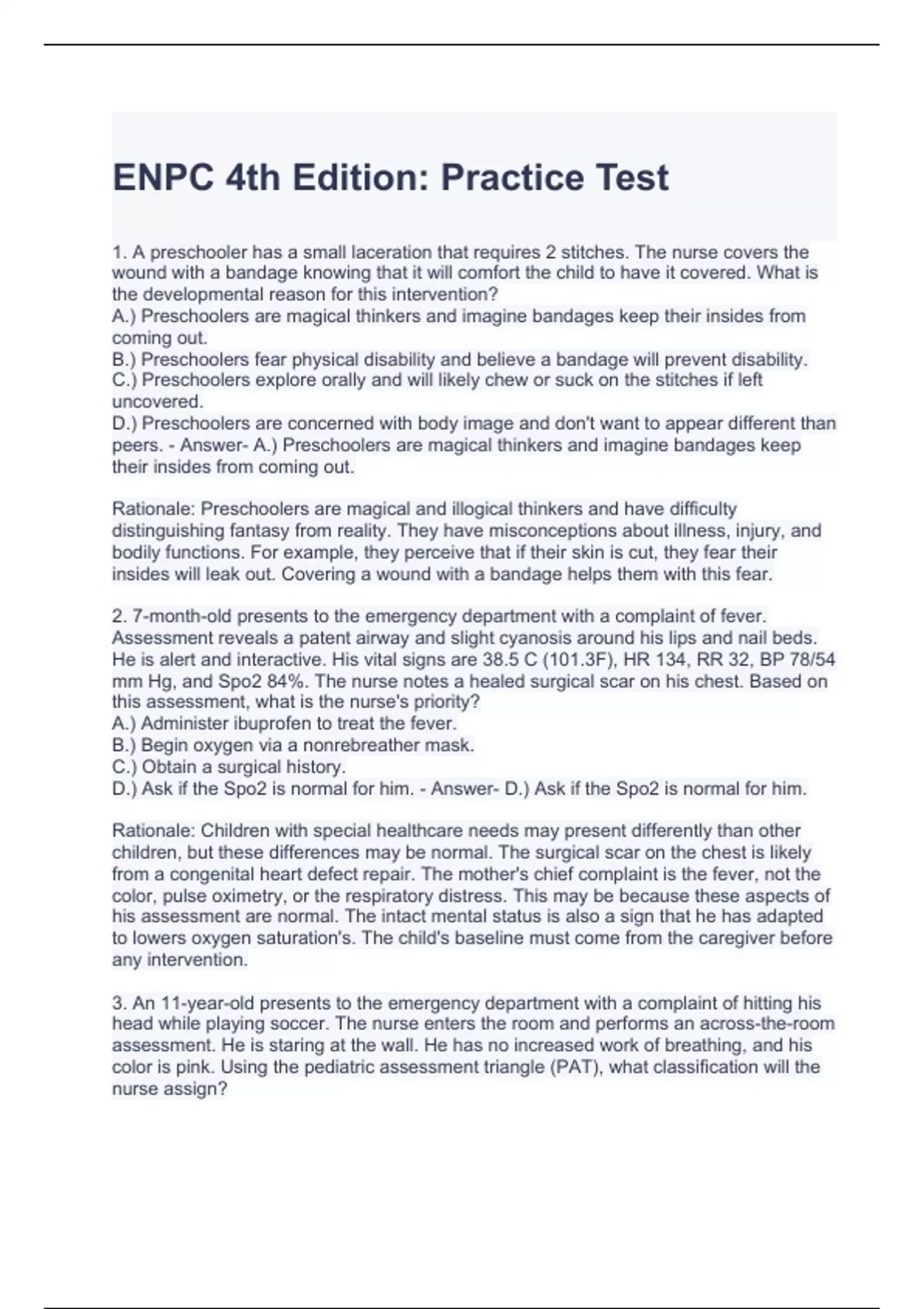 ENPC 4th Edition Practice Test-Solved - ENPC - Stuvia FR