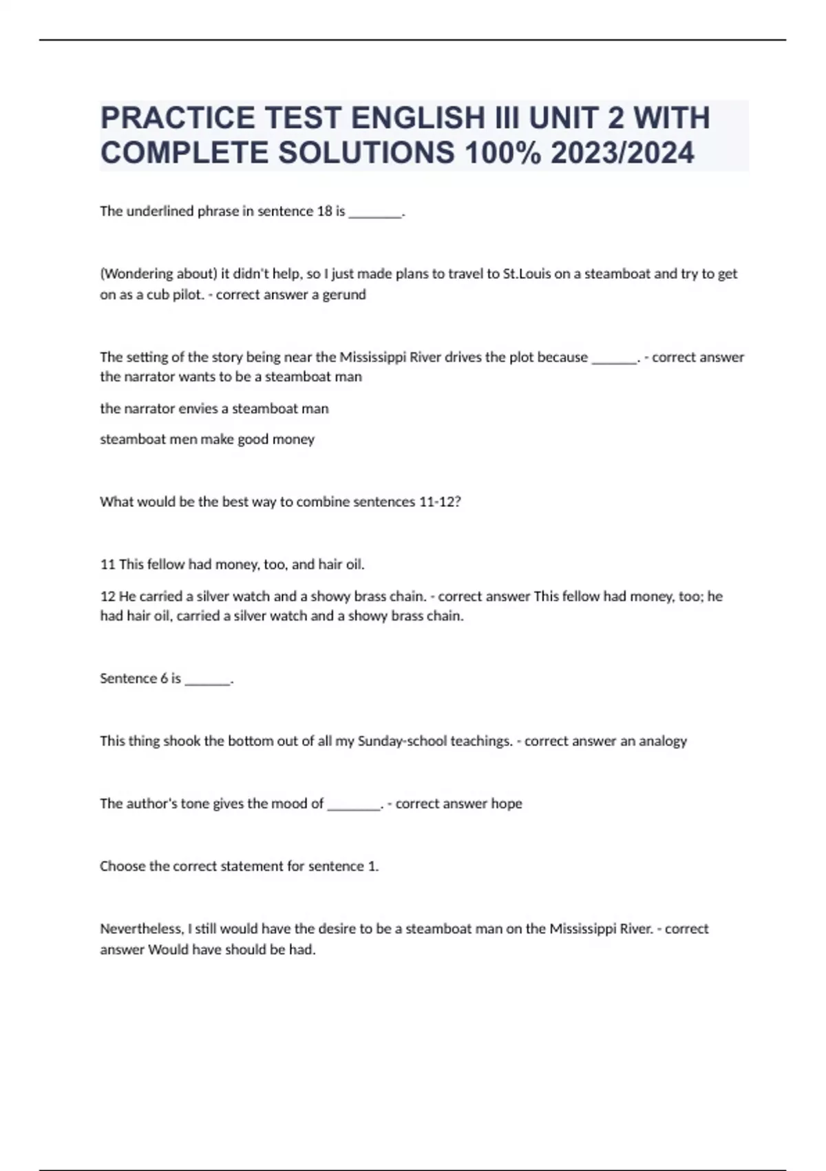 PRACTICE TEST ENGLISH III UNIT 2 Questions And Answers Latest Updates ...