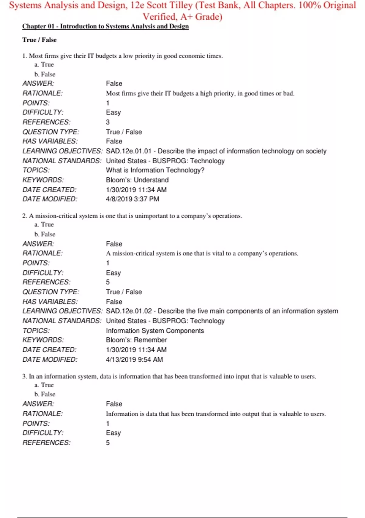 Systems Analysis and Design 12th Edition By Scott Tilley (Test Bank All ...