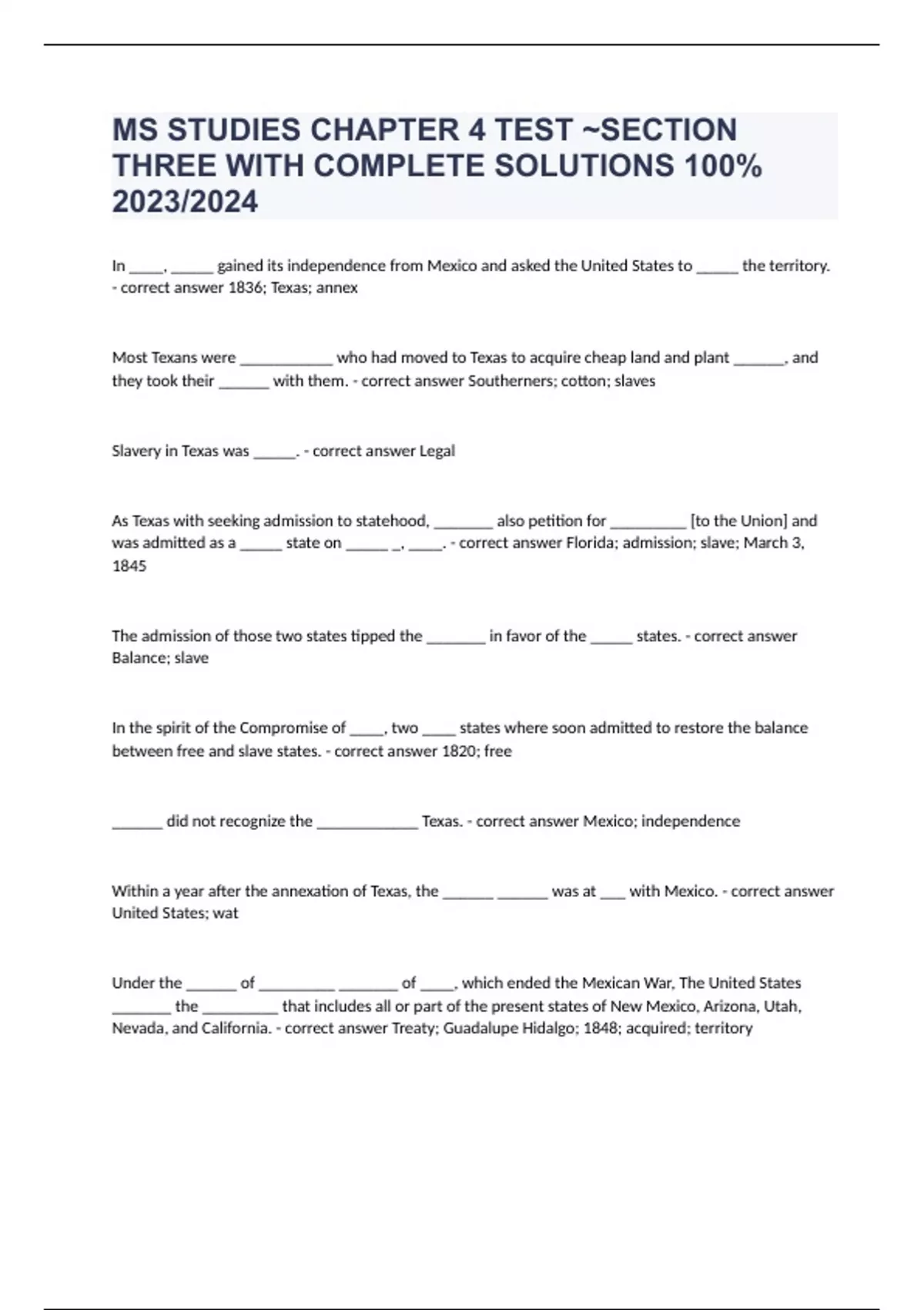 MS STUDIES CHAPTER 4 TEST ~SECTION THREE WITH COMPLETE SOLUTIONS 100% ...