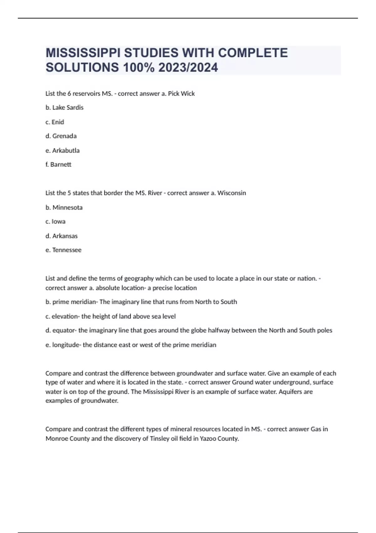 MISSISSIPPI STUDIES WITH COMPLETE SOLUTIONS 100% 2023/2024 - Stuvia US