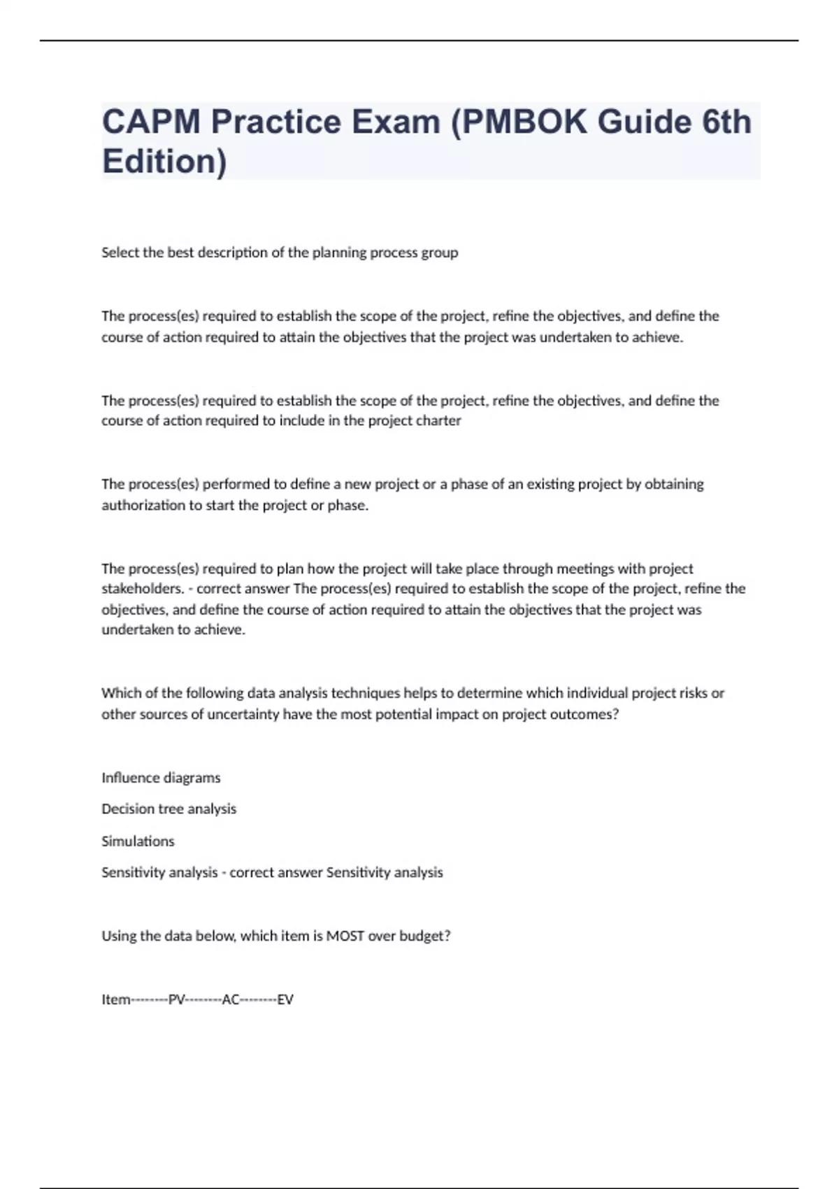 CAPM Practice Exam (PMBOK Guide 6th Edition) Question and answers rated ...