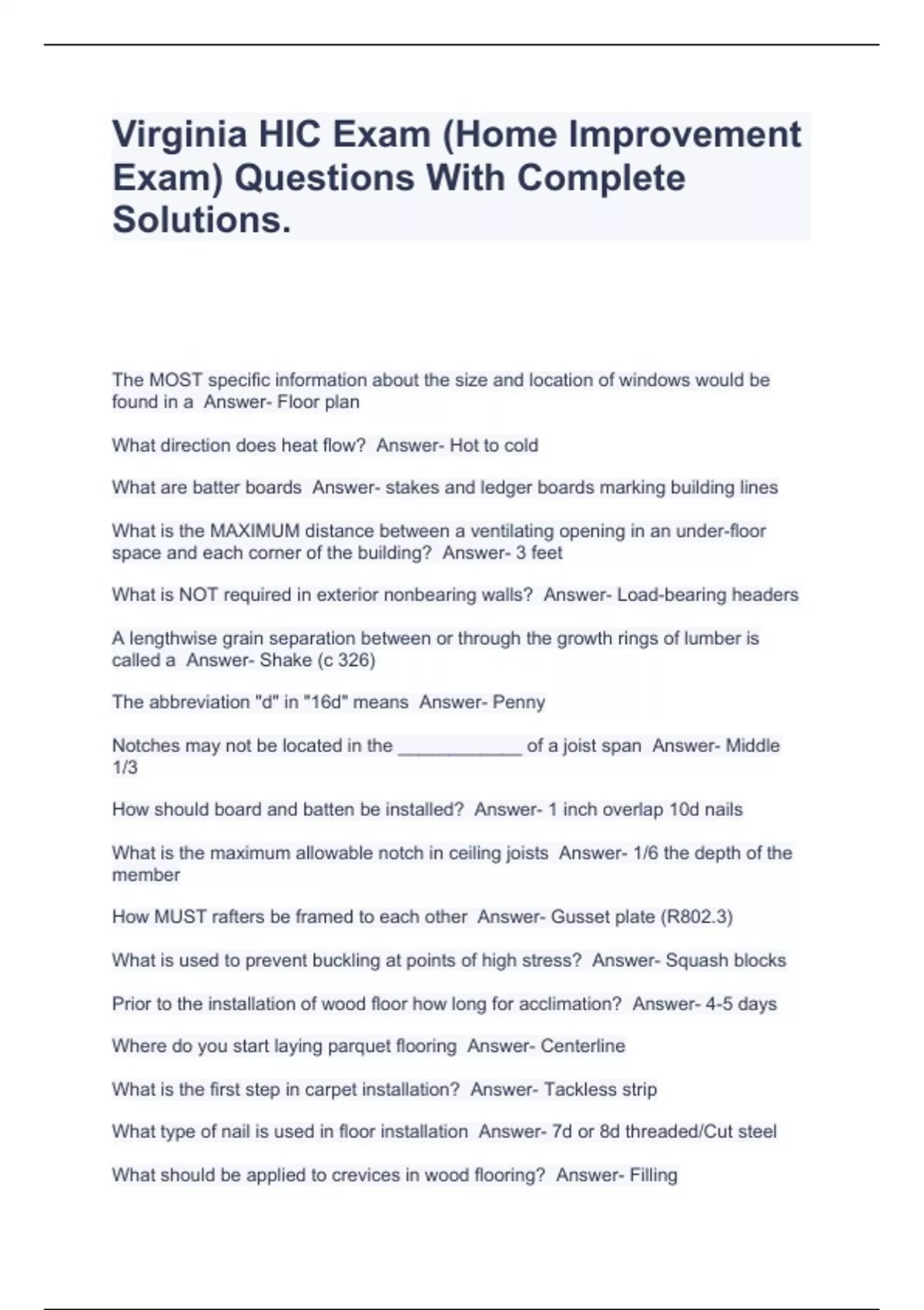 VIRGINIA HIC EXAM (HOME IMPROVEMENT EXAM) QUESTIONS WITH COMPLETE ...