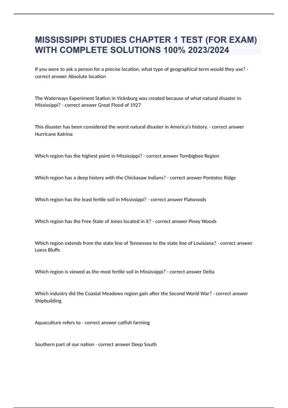 MISSISSIPPI STUDIES CHAPTER 1 TEST (FOR EXAM) WITH COMPLETE SOLUTIONS ...