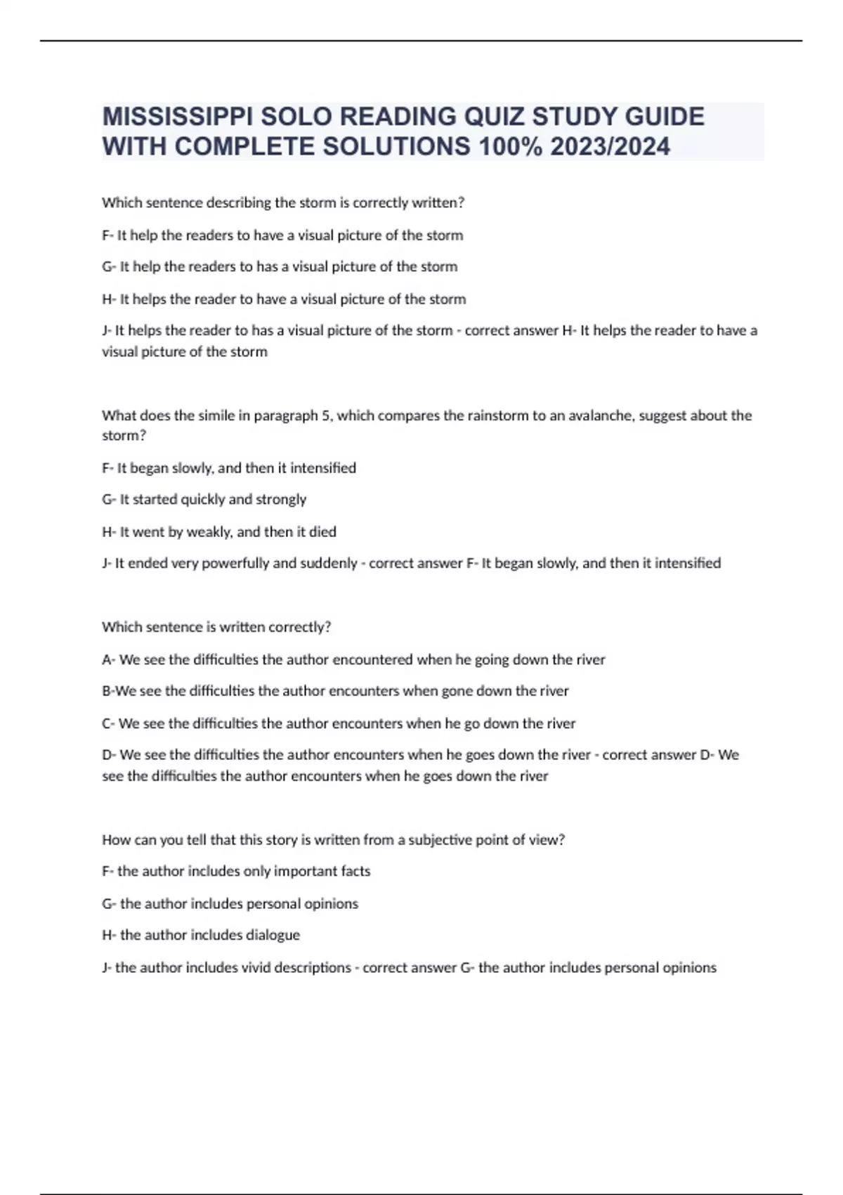 MISSISSIPPI SOLO READING QUIZ STUDY GUIDE WITH COMPLETE SOLUTIONS 100% 2023/2024 - Mississippi ...