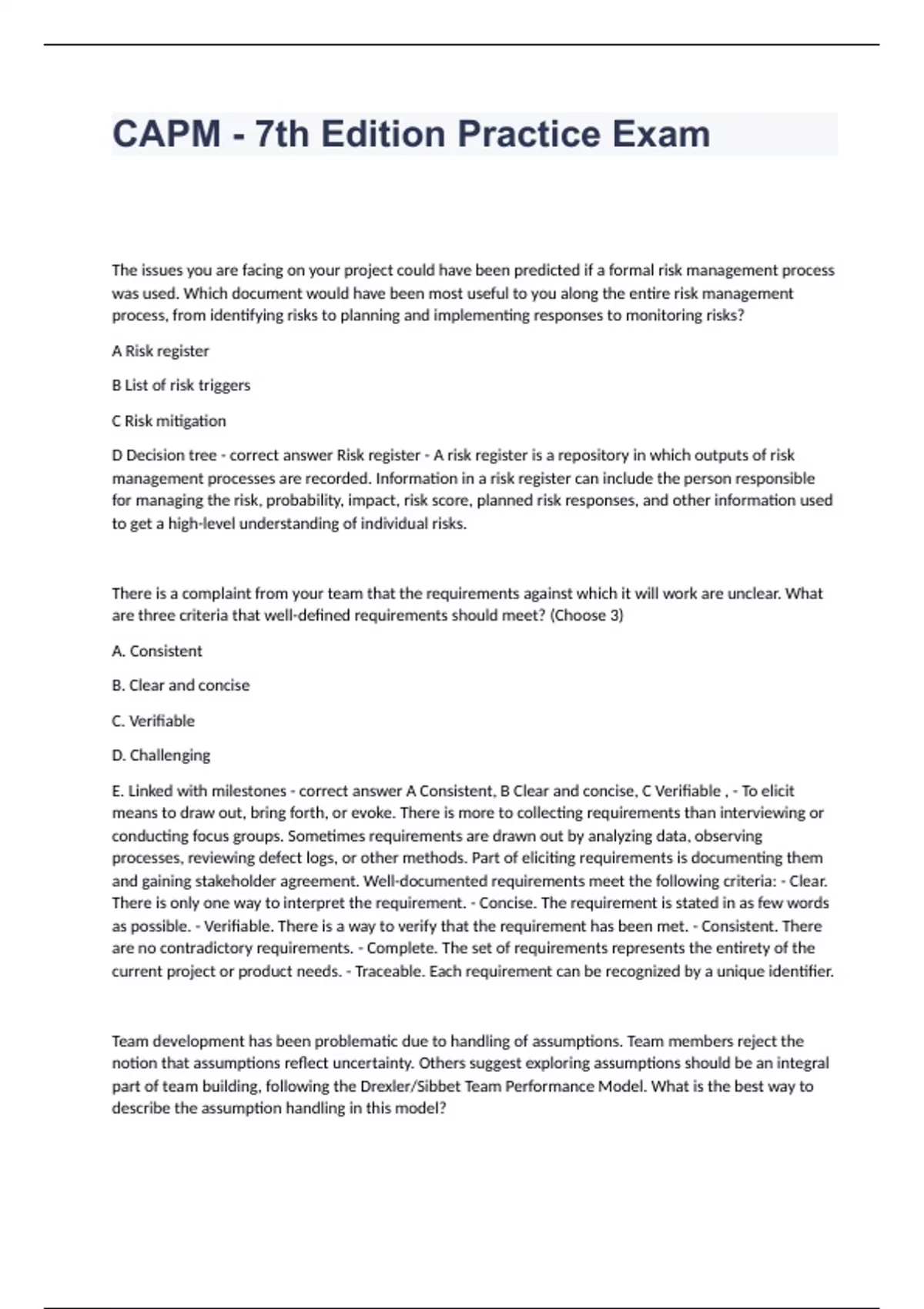Capm 7th Edition Practice Exam Question And Answers Correctly Solved 2023 2024 Camp Stuvia Us