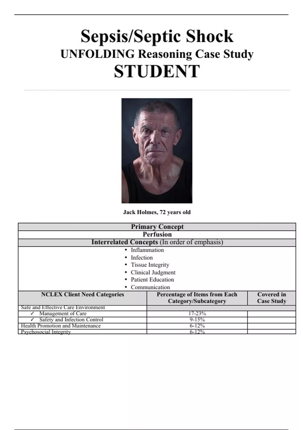 Sepsis/Septic Shock UNFOLDING Reasoning Case Study STUDENT - Sepsis ...