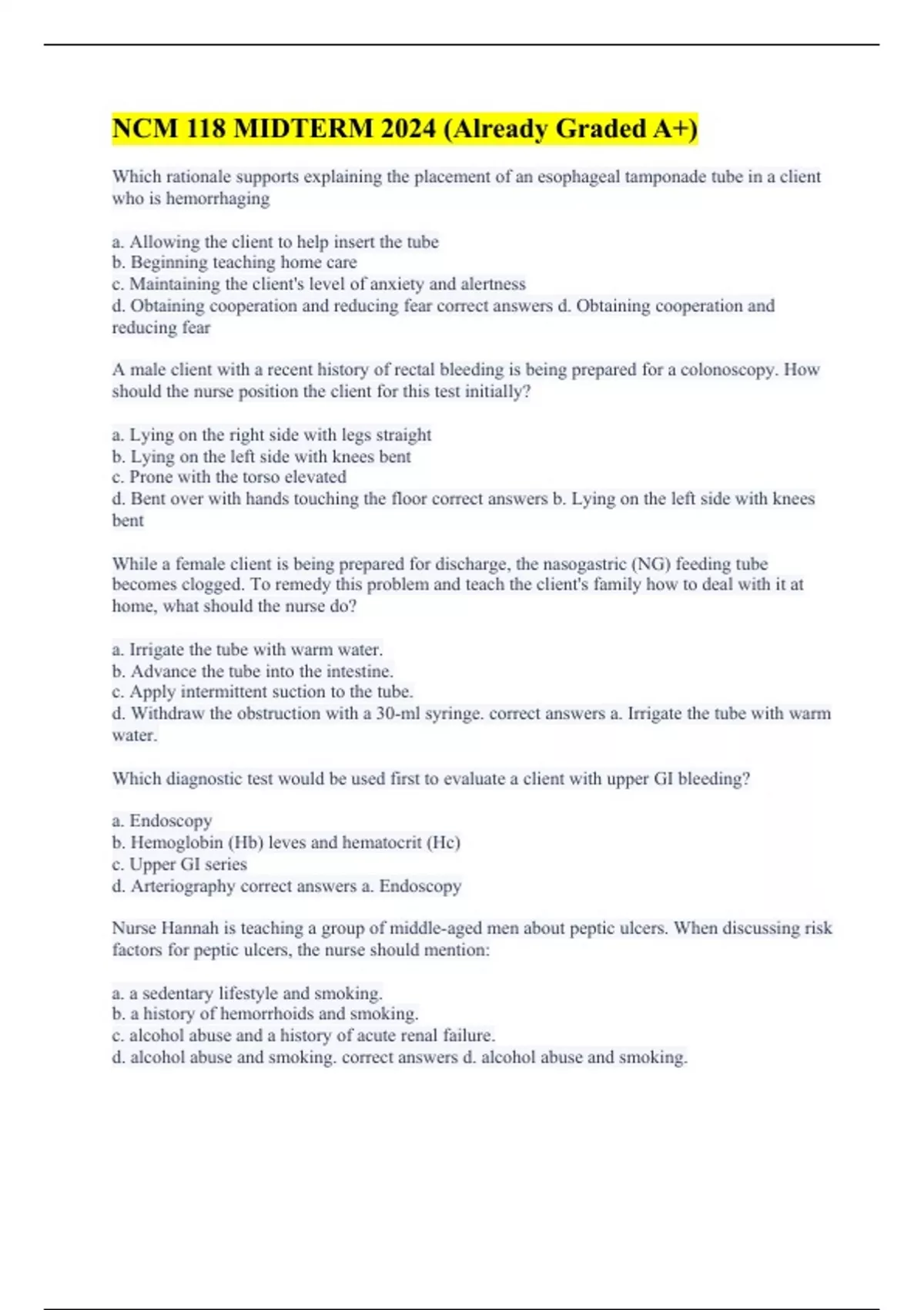 NCM 118 Exams 2024 (Questions with 100% verified answers) - Stuvia US