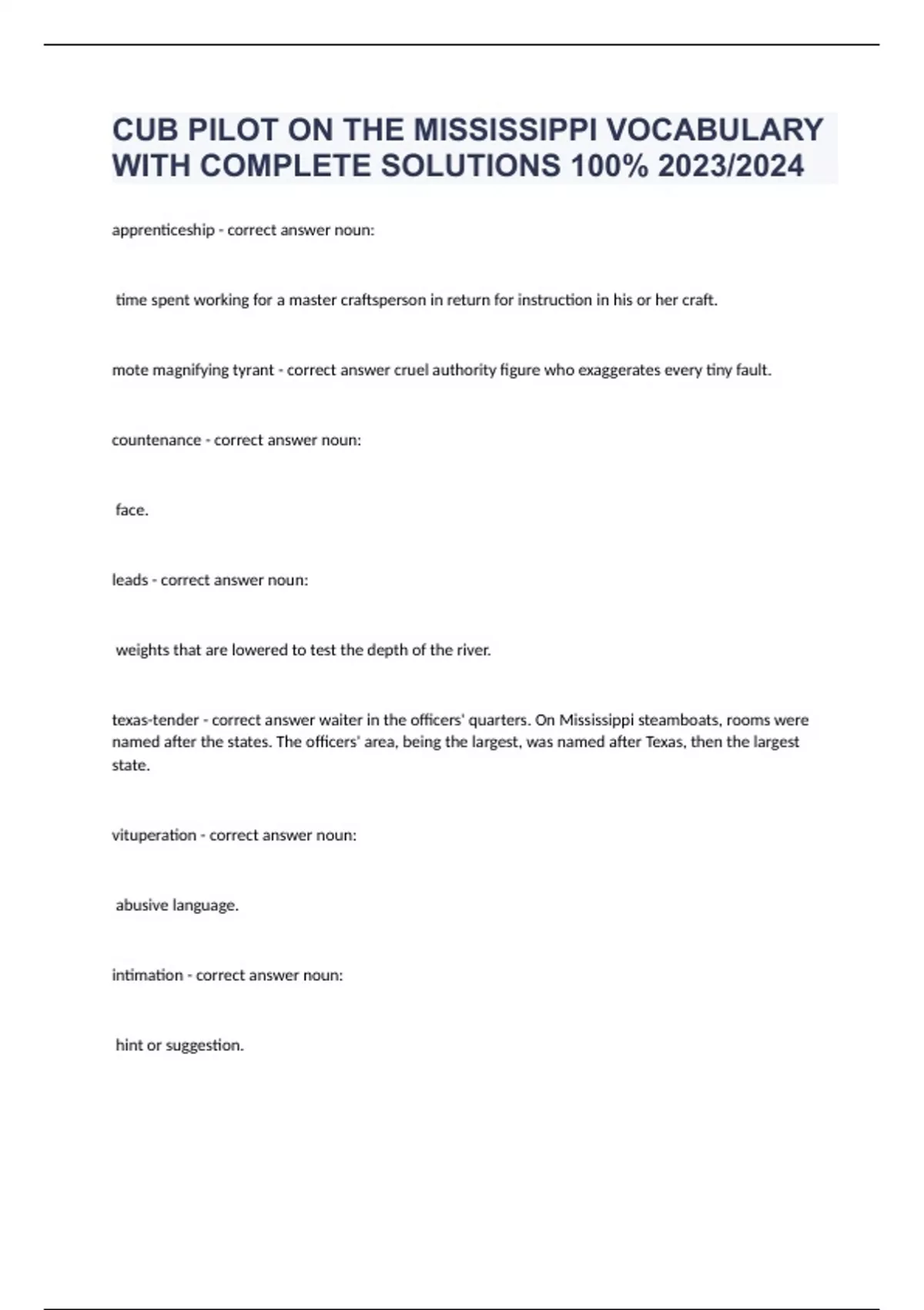 CUB PILOT ON THE MISSISSIPPI VOCABULARY WITH COMPLETE SOLUTIONS 100% ...