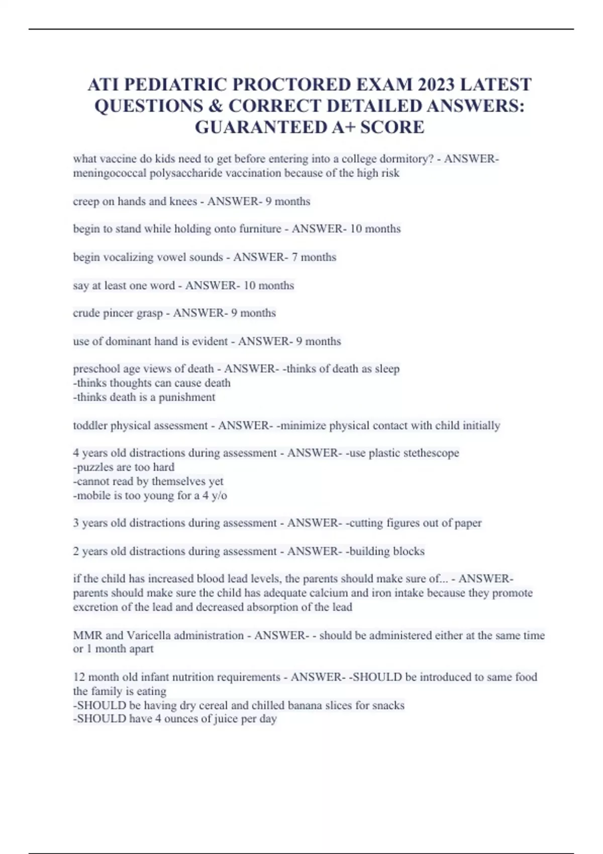 PEDIATRICS PROCTORED ATI REVIEW LATEST QUESTIONS WITH CORRECT DETAILED ...